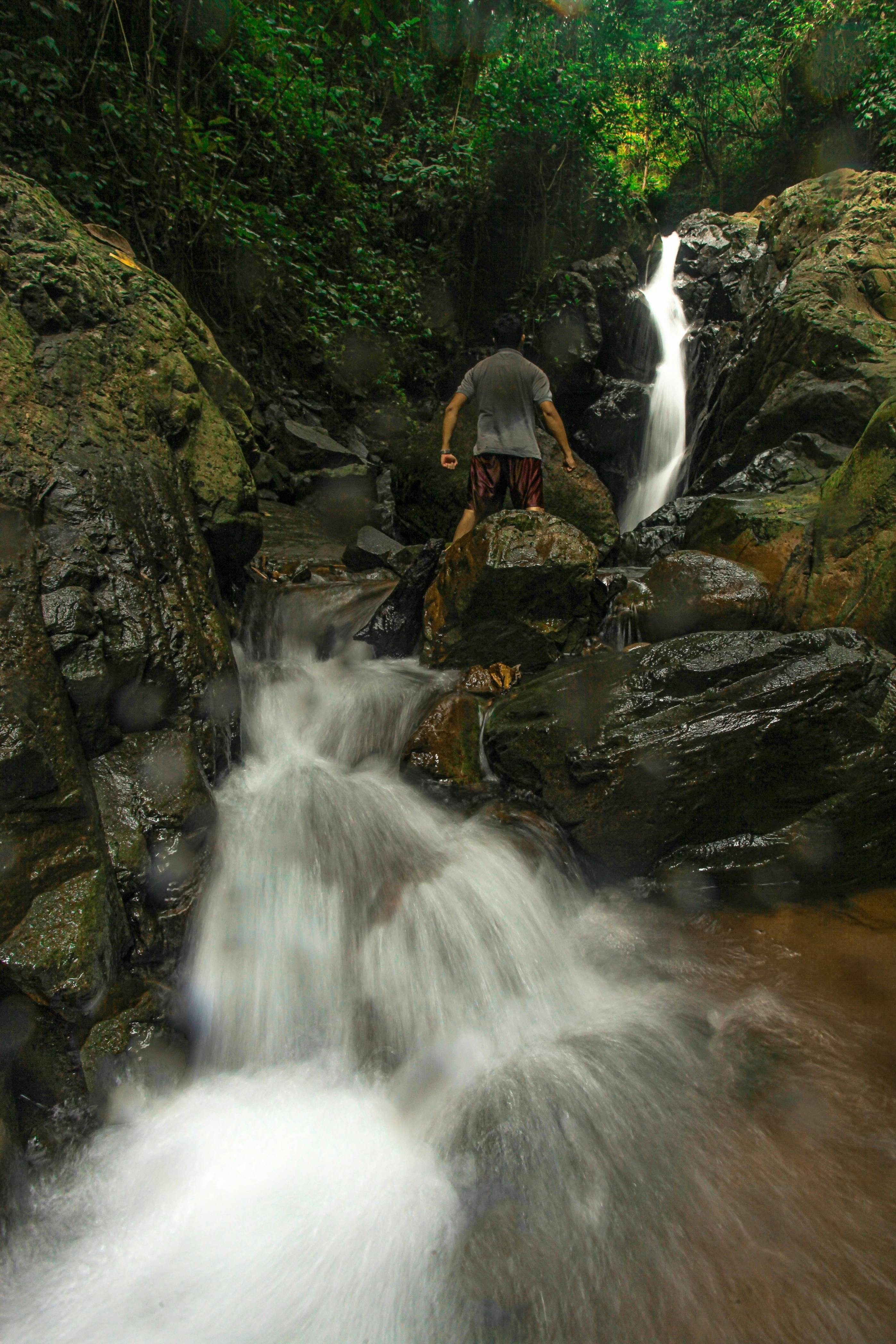 Petualang Menjelajahi Air Terjun Yang Subur · Foto Stok Gratis