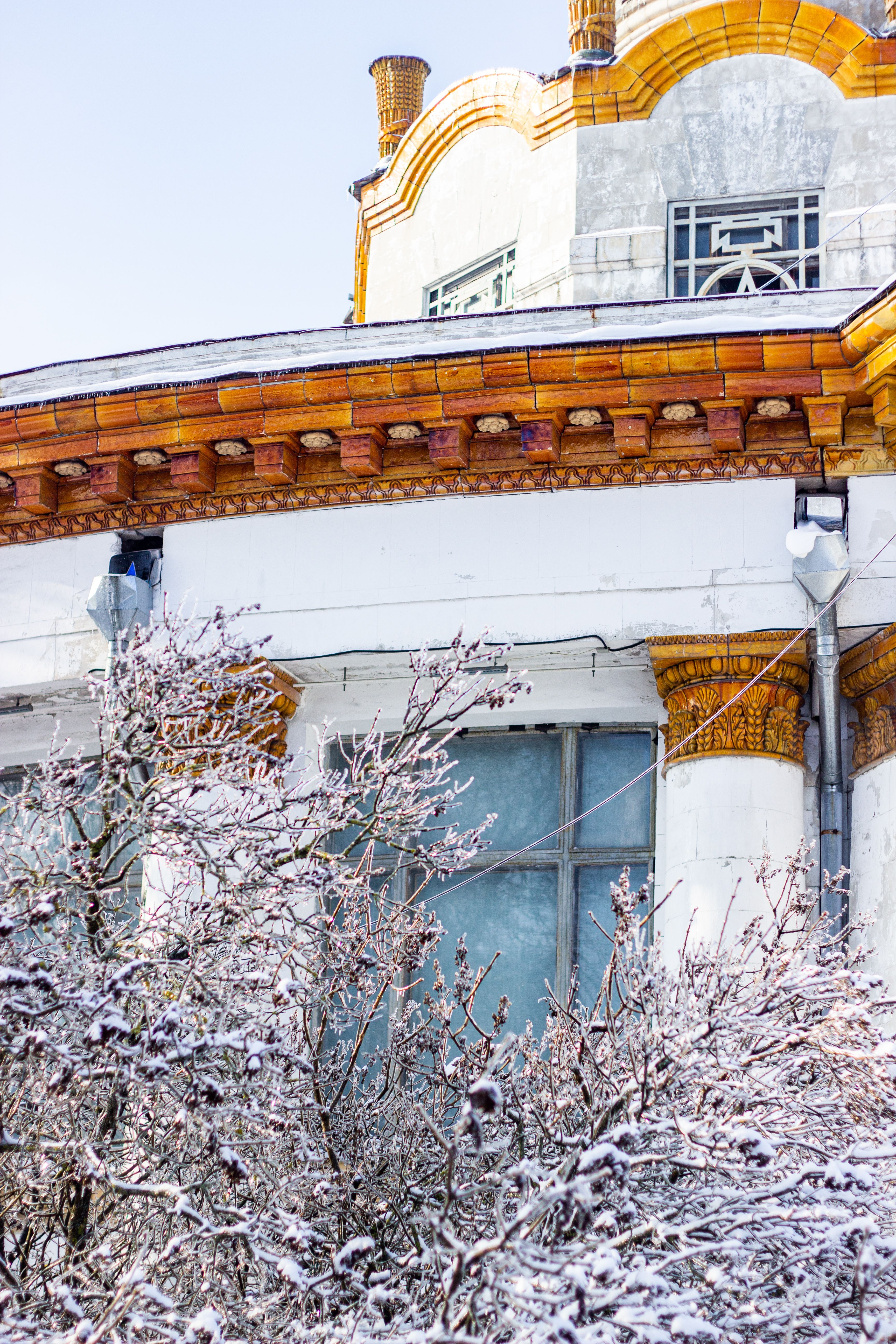 Historic Building in Winter with Snow Covered Bushes · Free Stock Photo