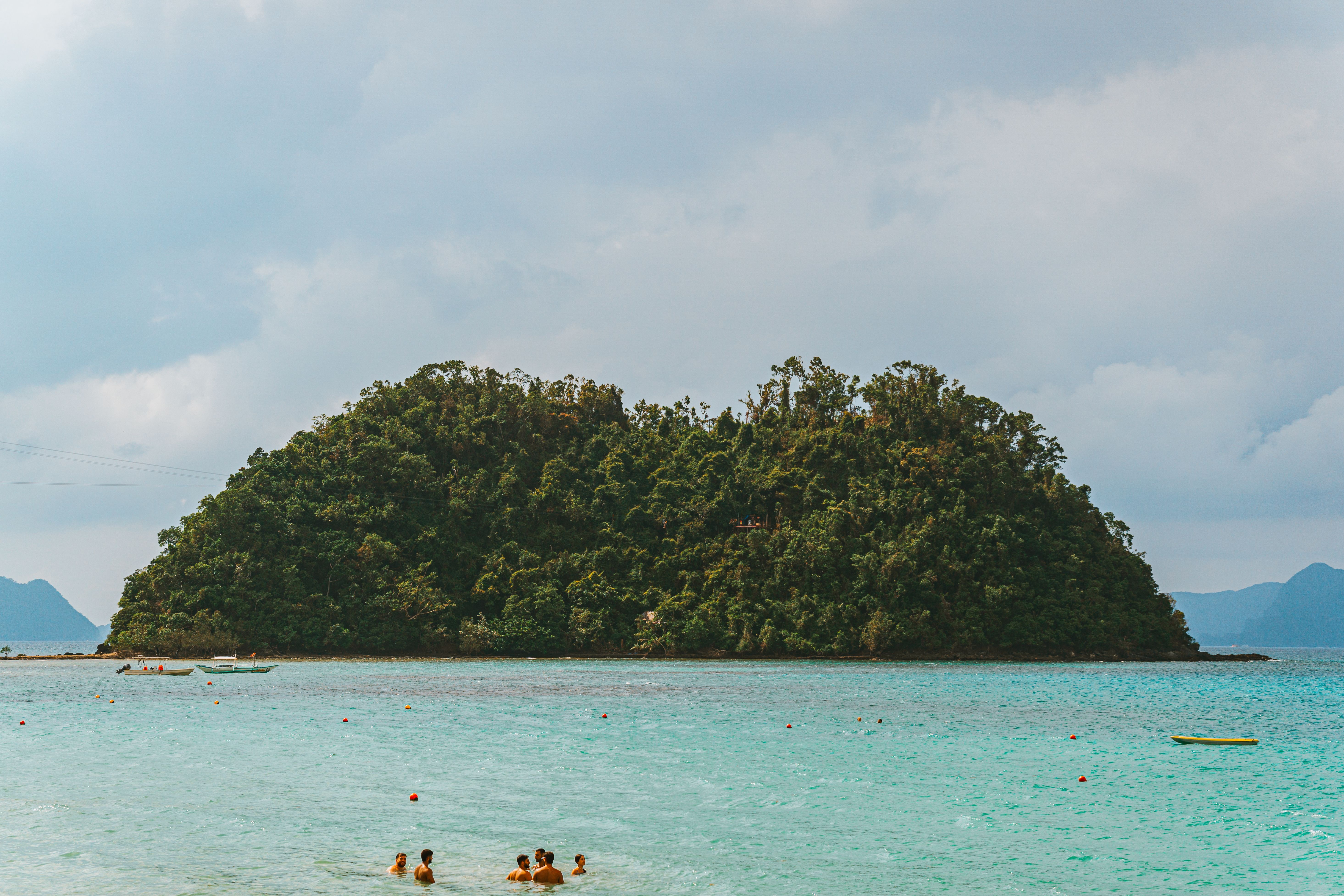 Tropical Island Beach Scene with Swimmers · Free Stock Photo