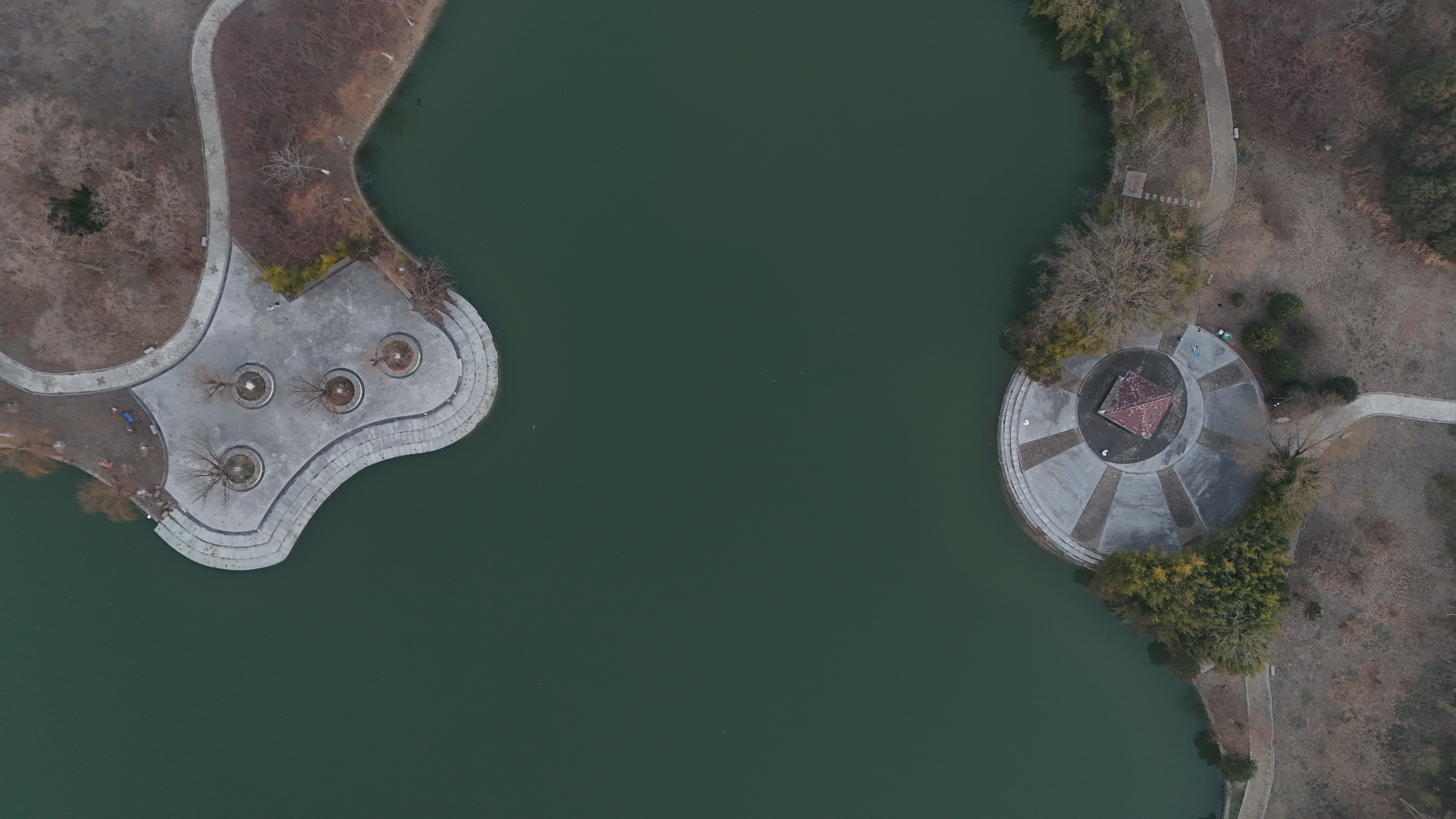 Aerial View of Curved Park Paths by Lake · Free Stock Photo