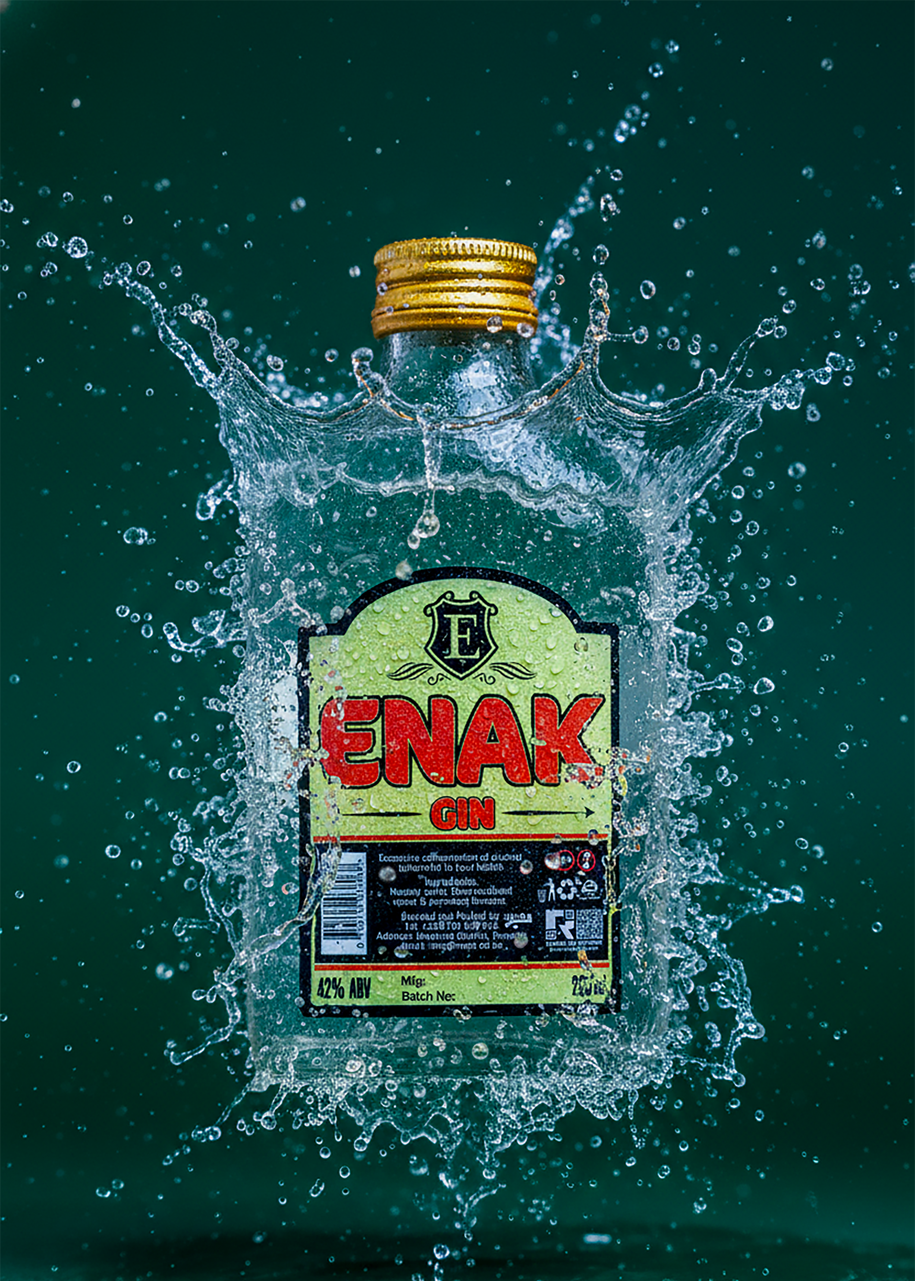 Splashing Gin Bottle with Vibrant Label · Free Stock Photo