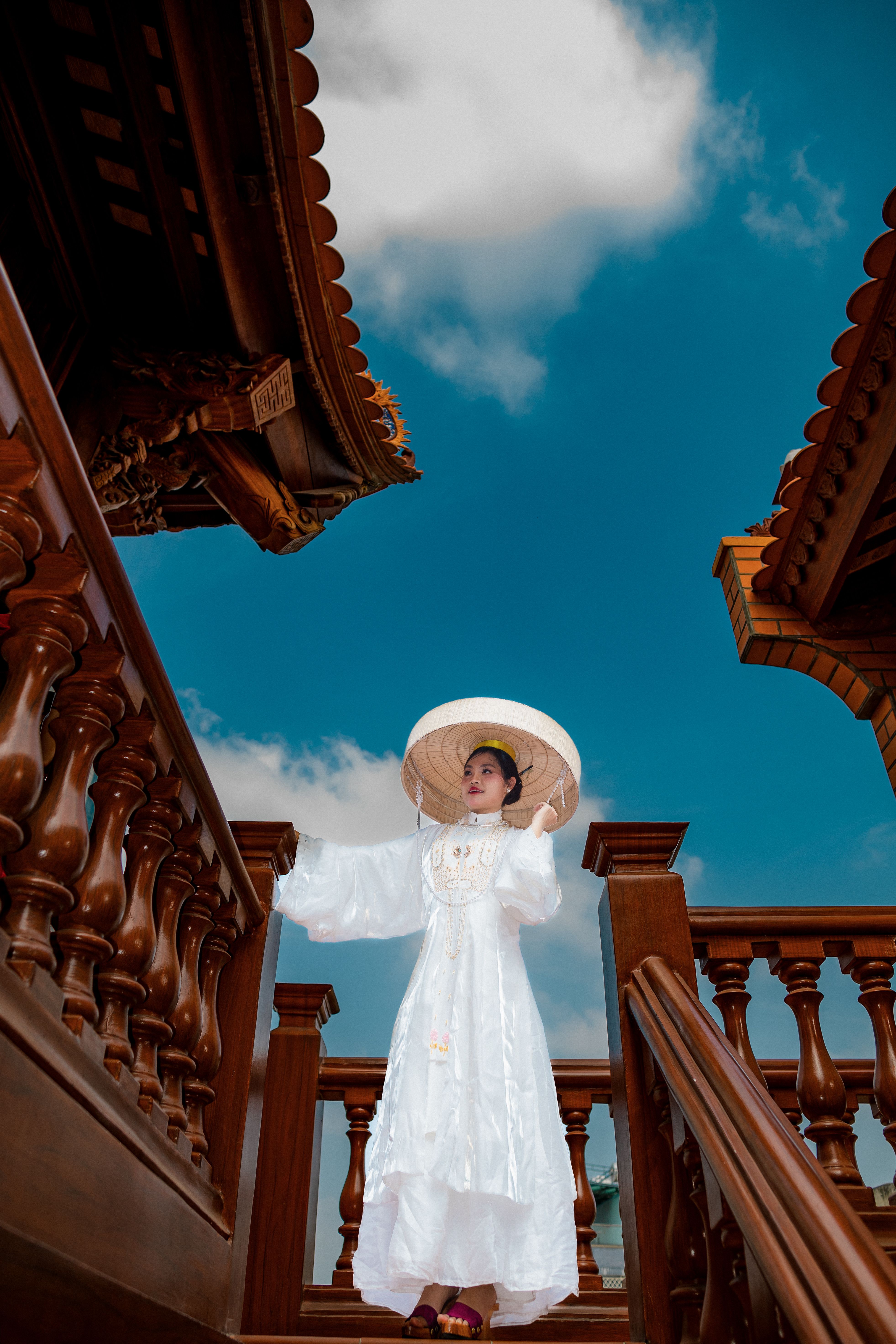 Vietnamese Woman in Traditional Dress on Temple Stairs · Free Stock Photo