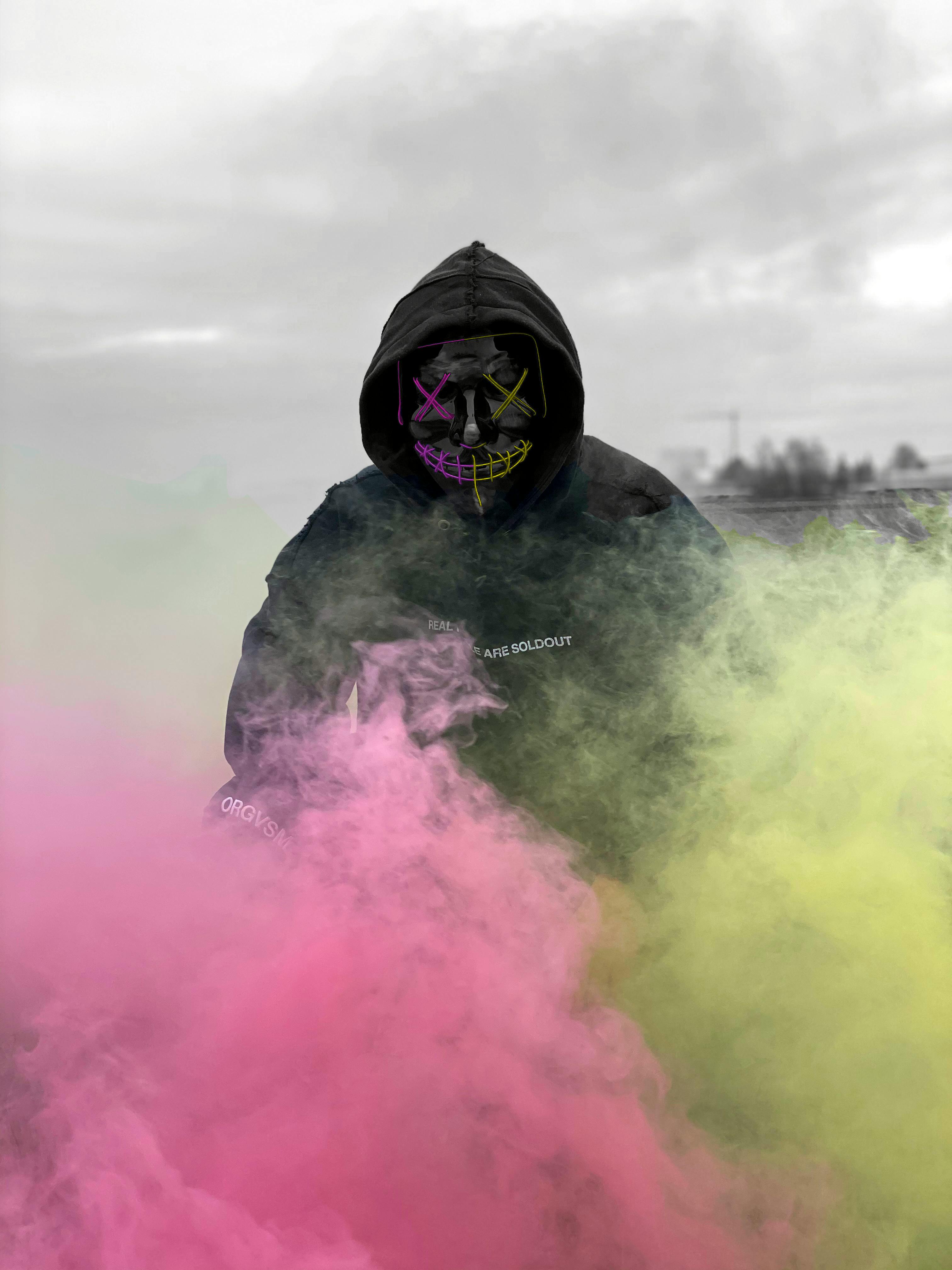 Free stock photo of 3d neon hacker mask, anonymous, color smoke bombs