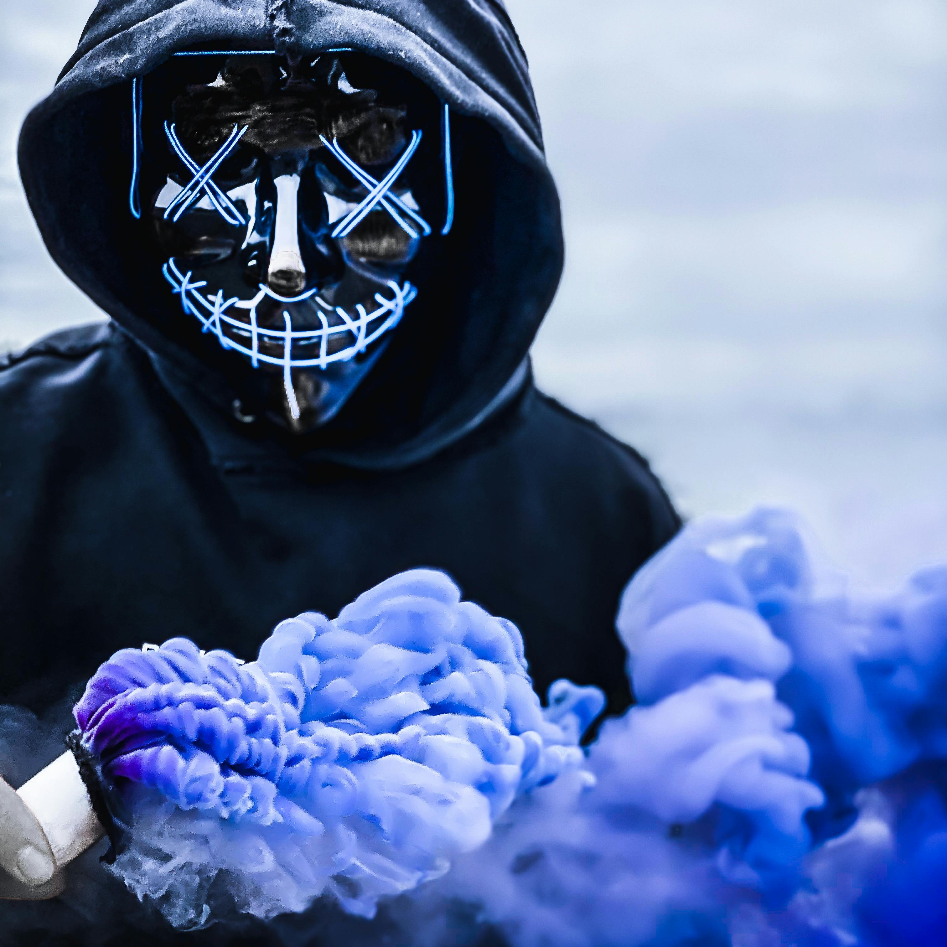 Free stock photo of 3d neon hacker mask, color smoke bombs, halloween