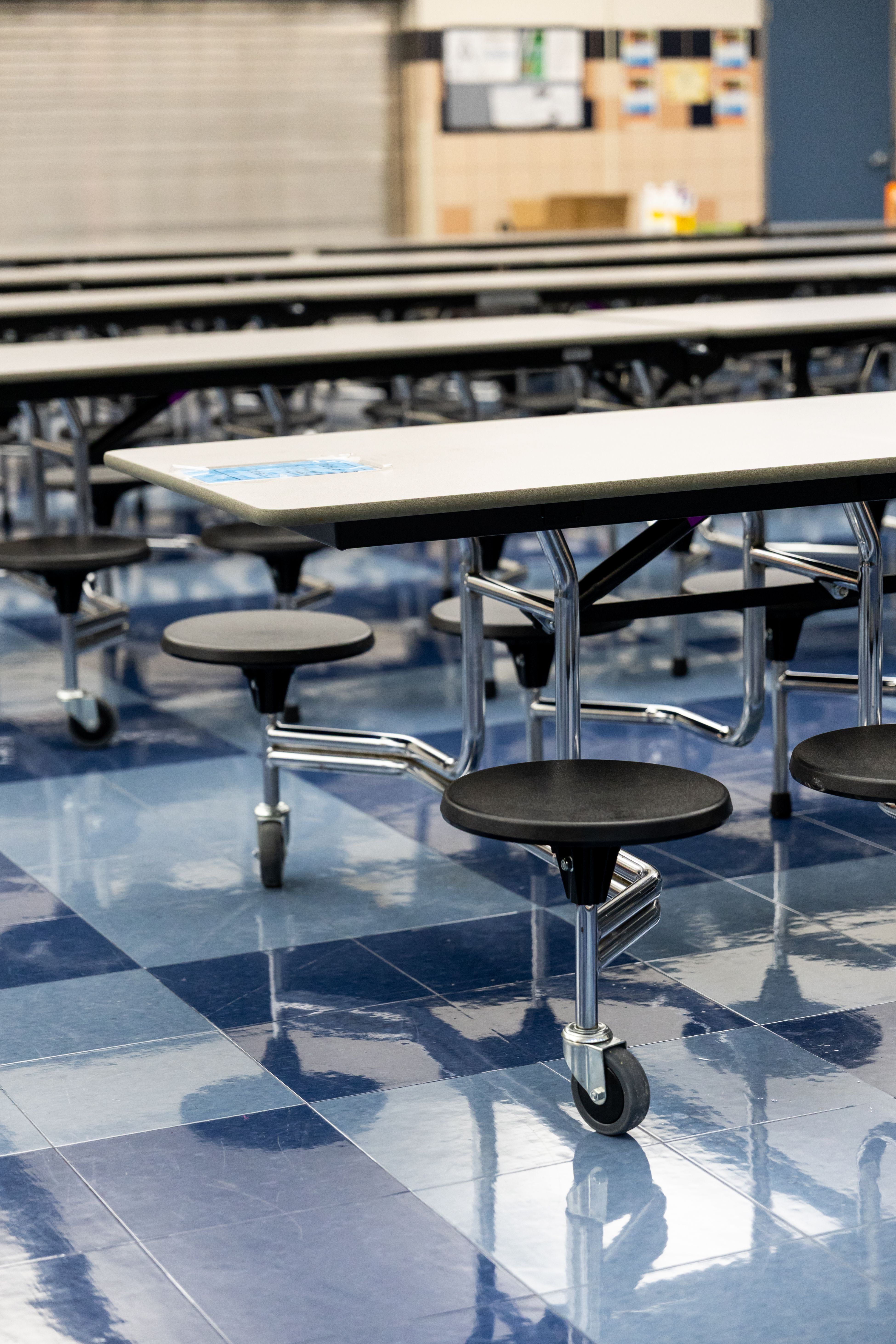 Empty School Cafeteria Tables on Glossy Floor · Free Stock Photo