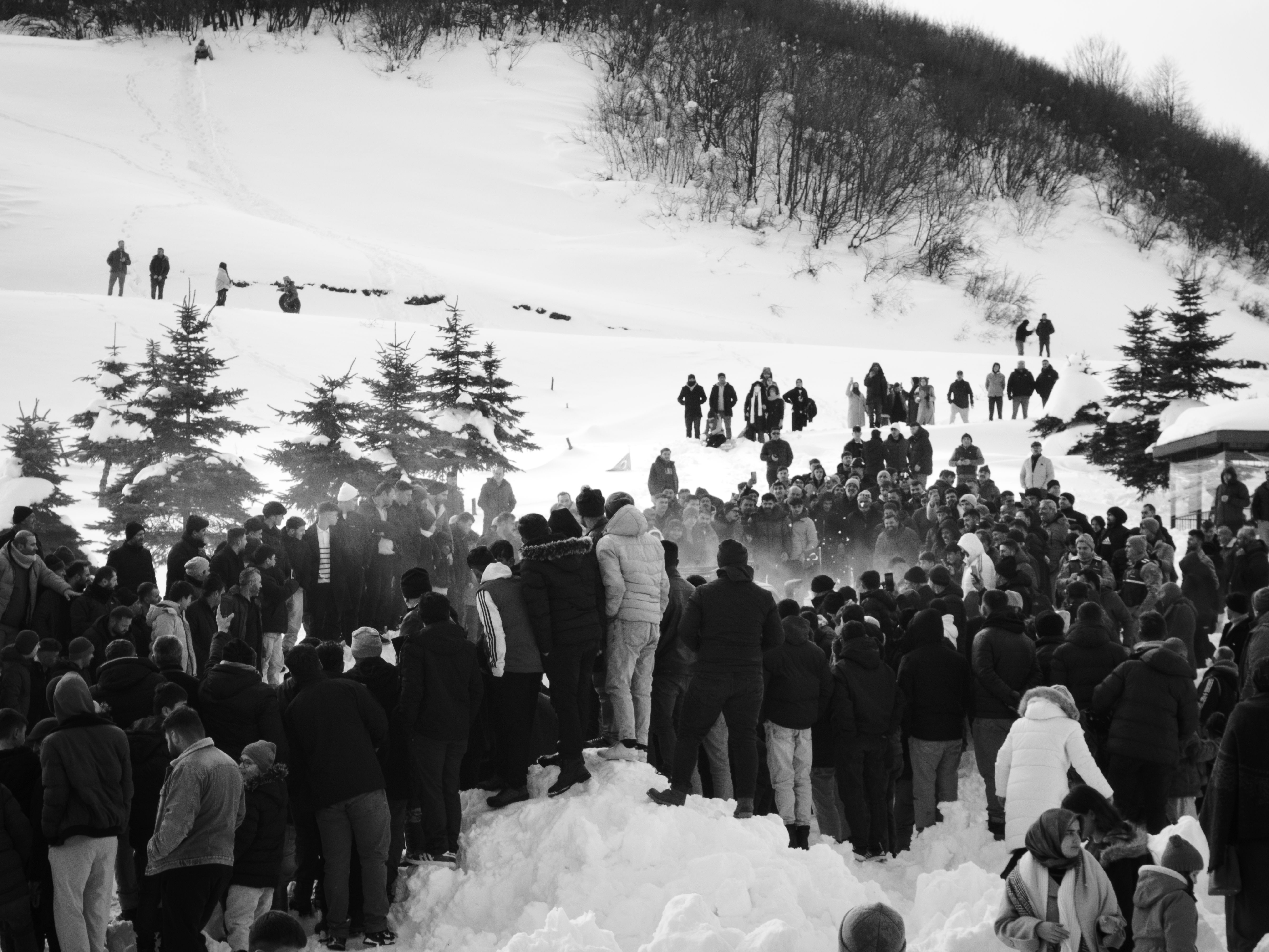 Large crowd gathered on snowy hillside in winter · Free Stock Photo