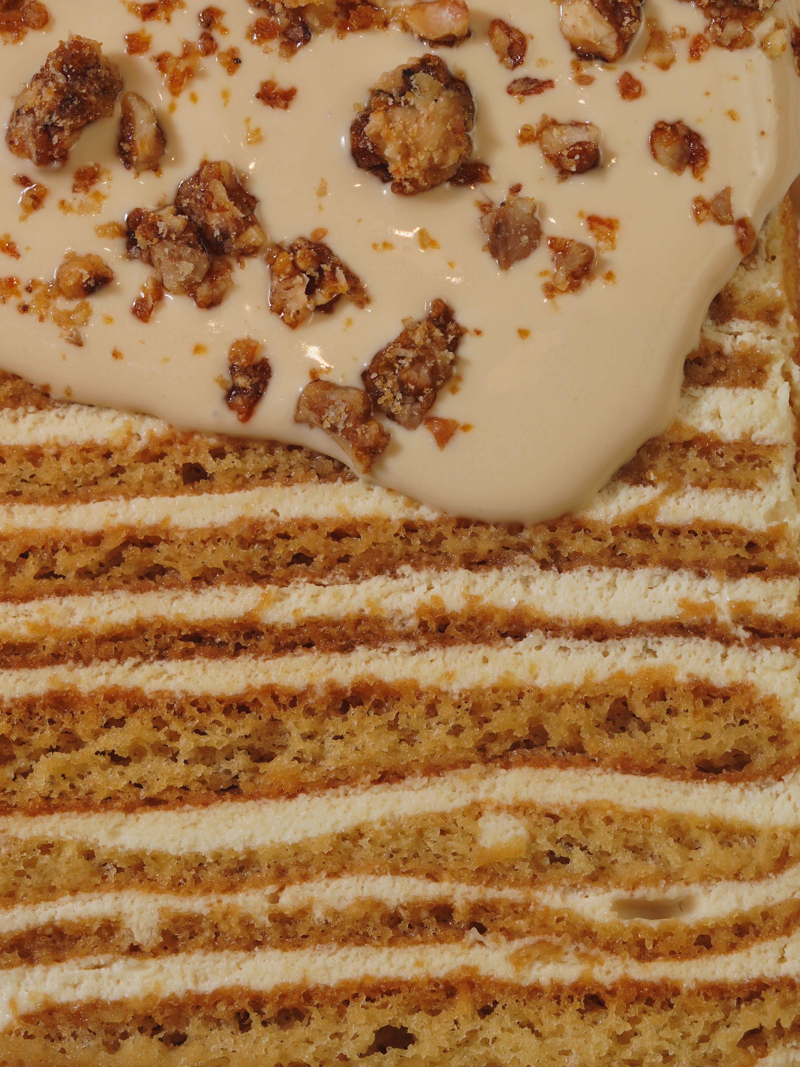Close-up of Creamy Layered Pastry with Nuts · Free Stock Photo