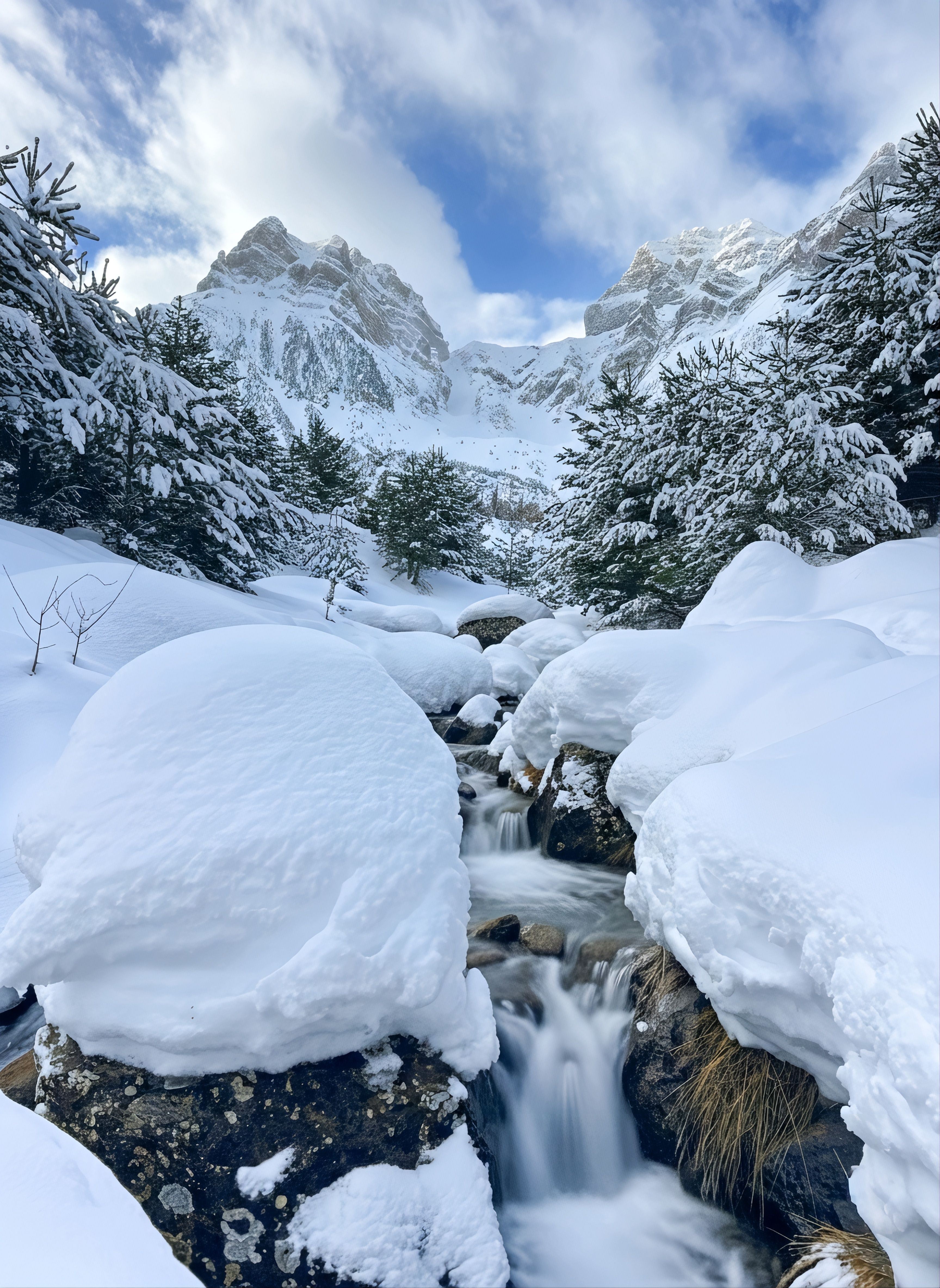 Serene Snowy Mountain Stream in Winter Landscape · Free Stock Photo