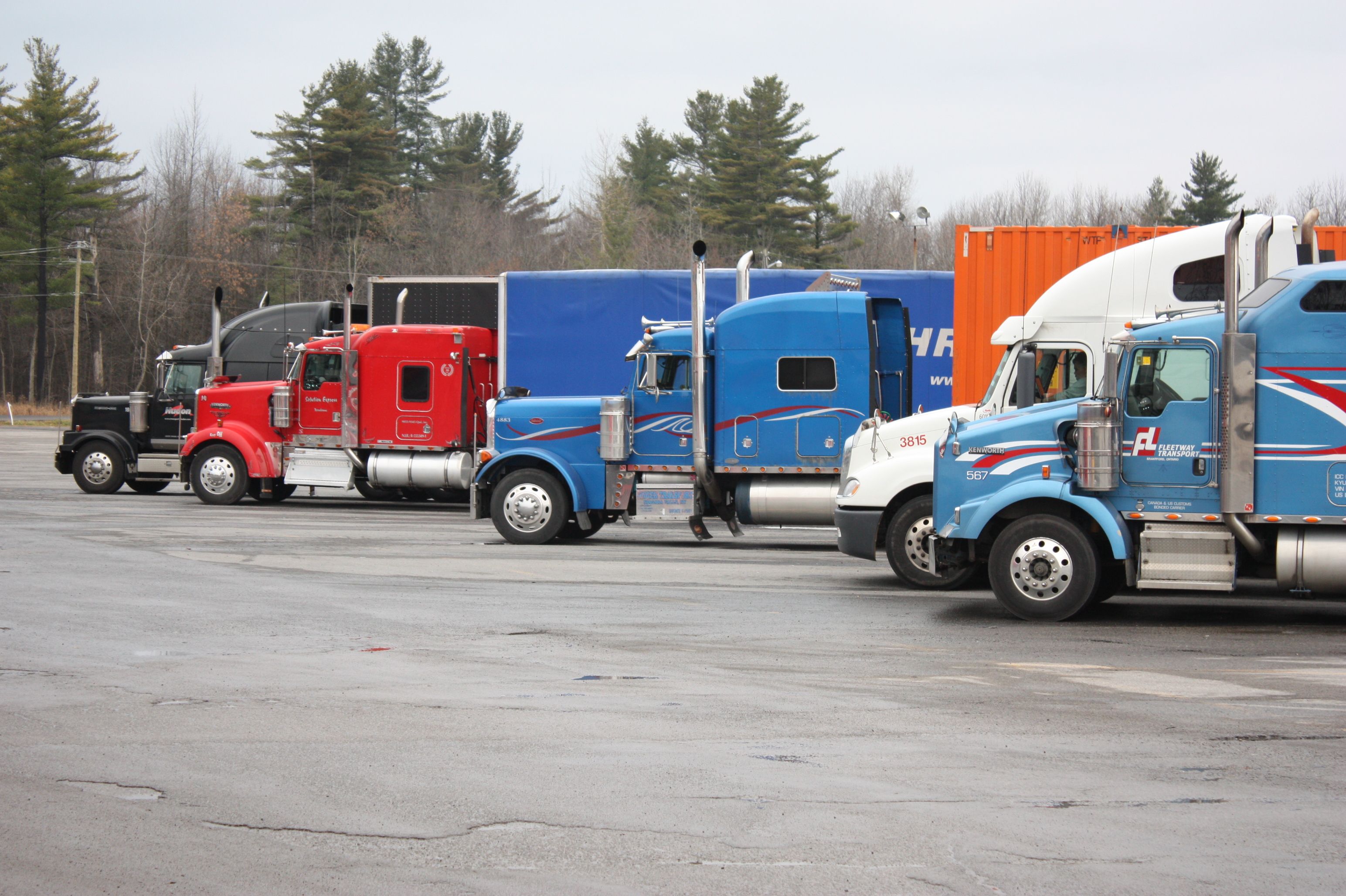 Colorful Semi Trucks Parked in Open Lot · Free Stock Photo