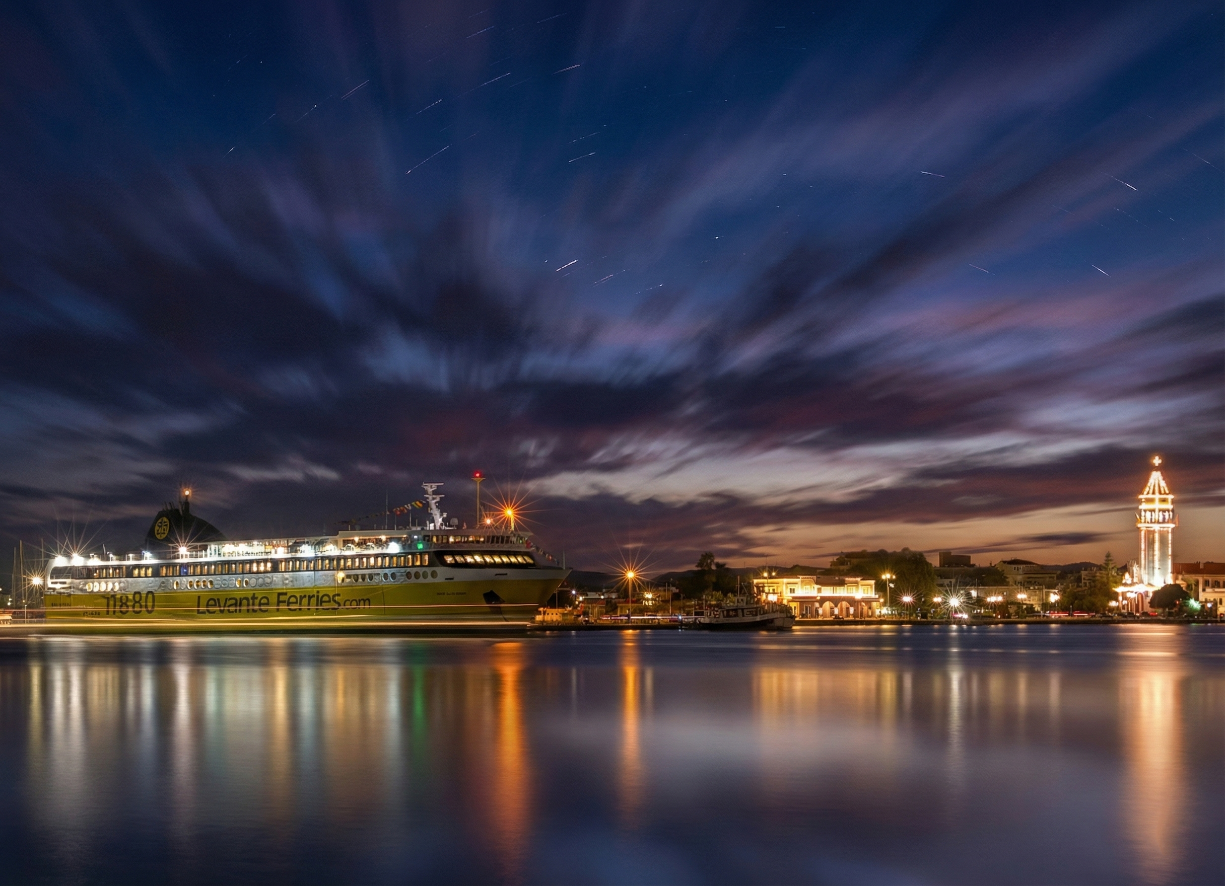 Serene Night View of Zakynthos Port with Ferry · Free Stock Photo