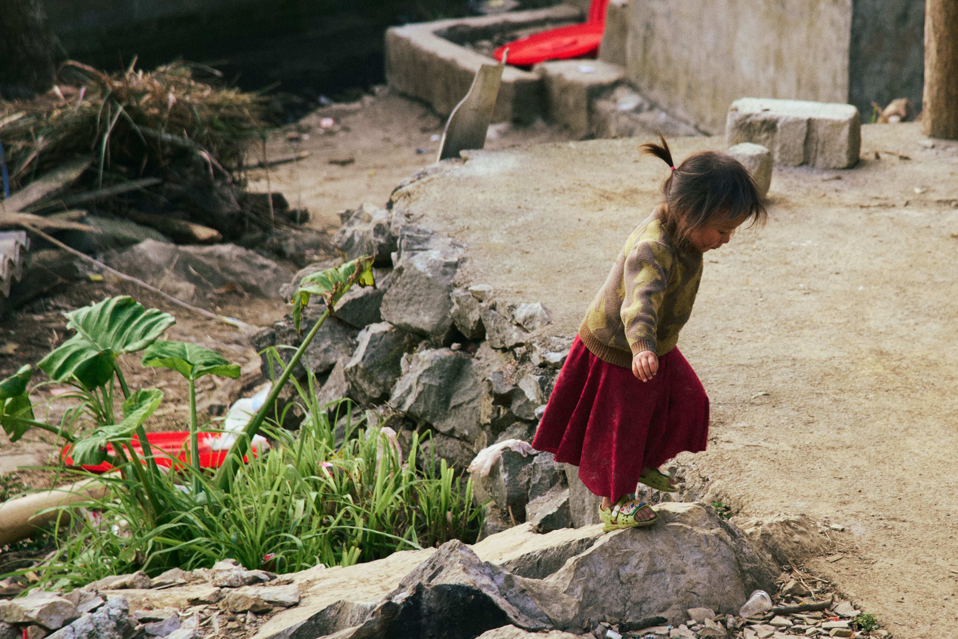 Young Child Playing Outdoors with Rocks and Plants · Free Stock Photo