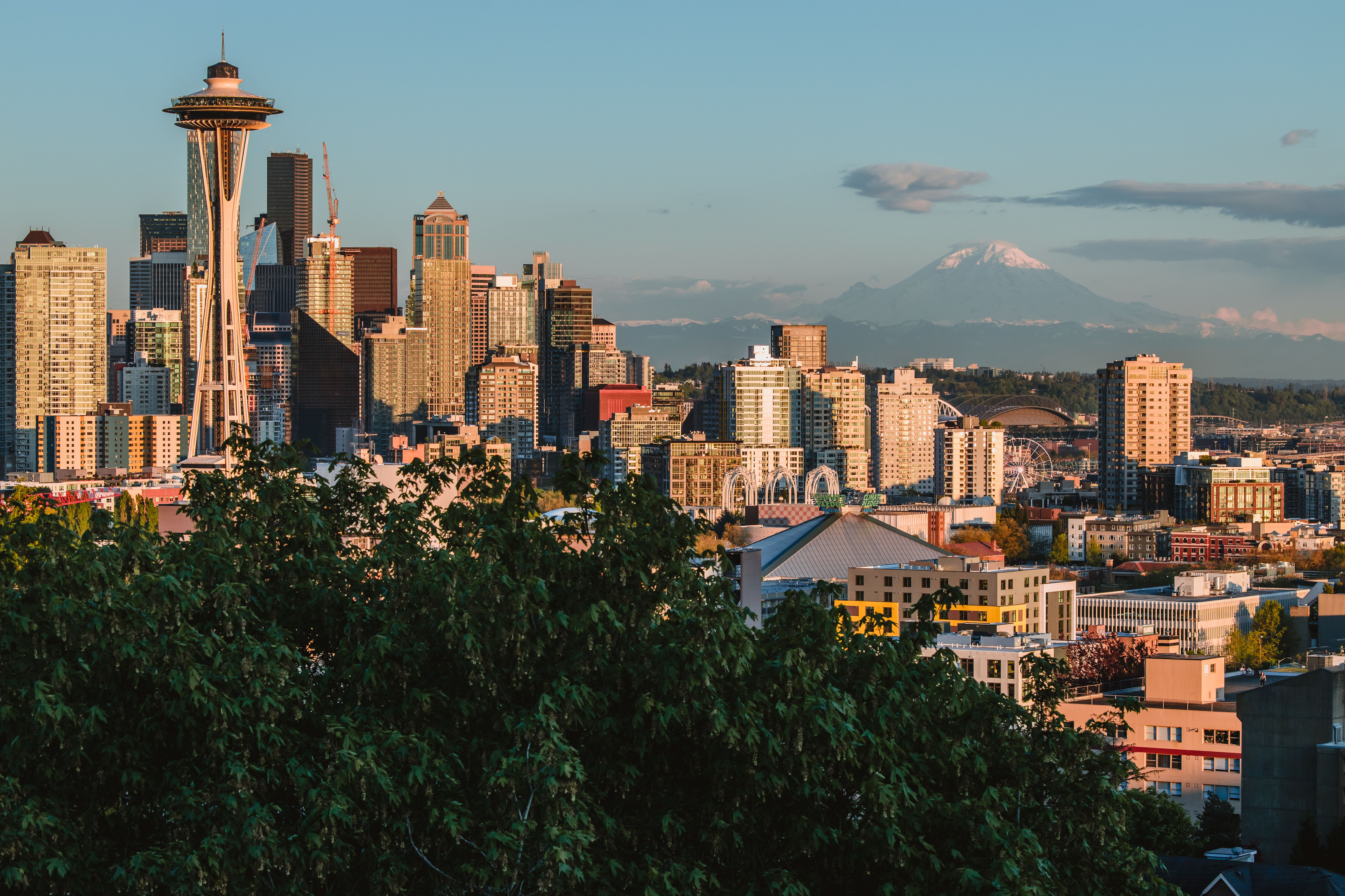 Seattle Skyline at Sunset with Mount Rainier · Free Stock Photo