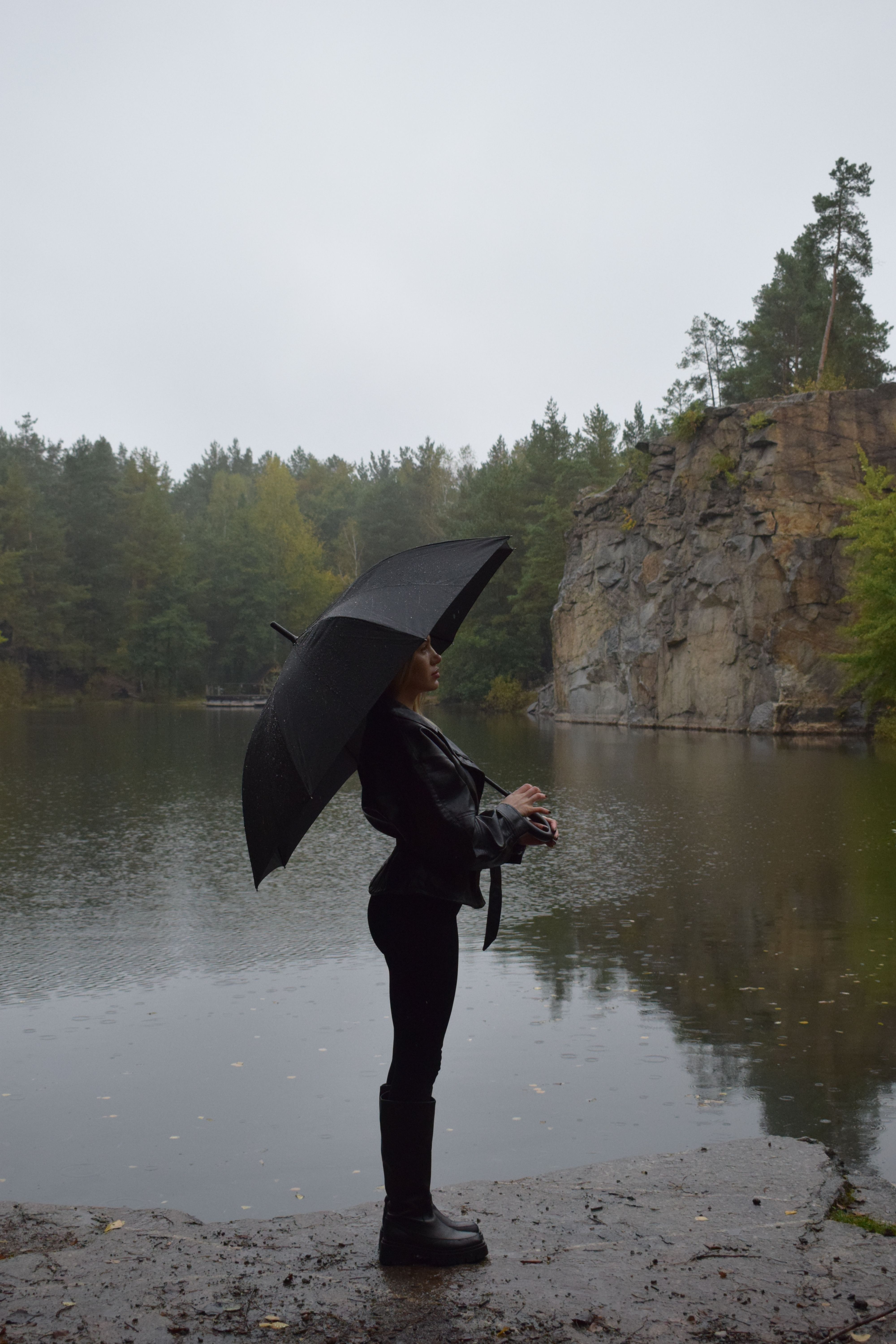 Woman with Umbrella by Lakeside in Overcast Weather · Free Stock Photo