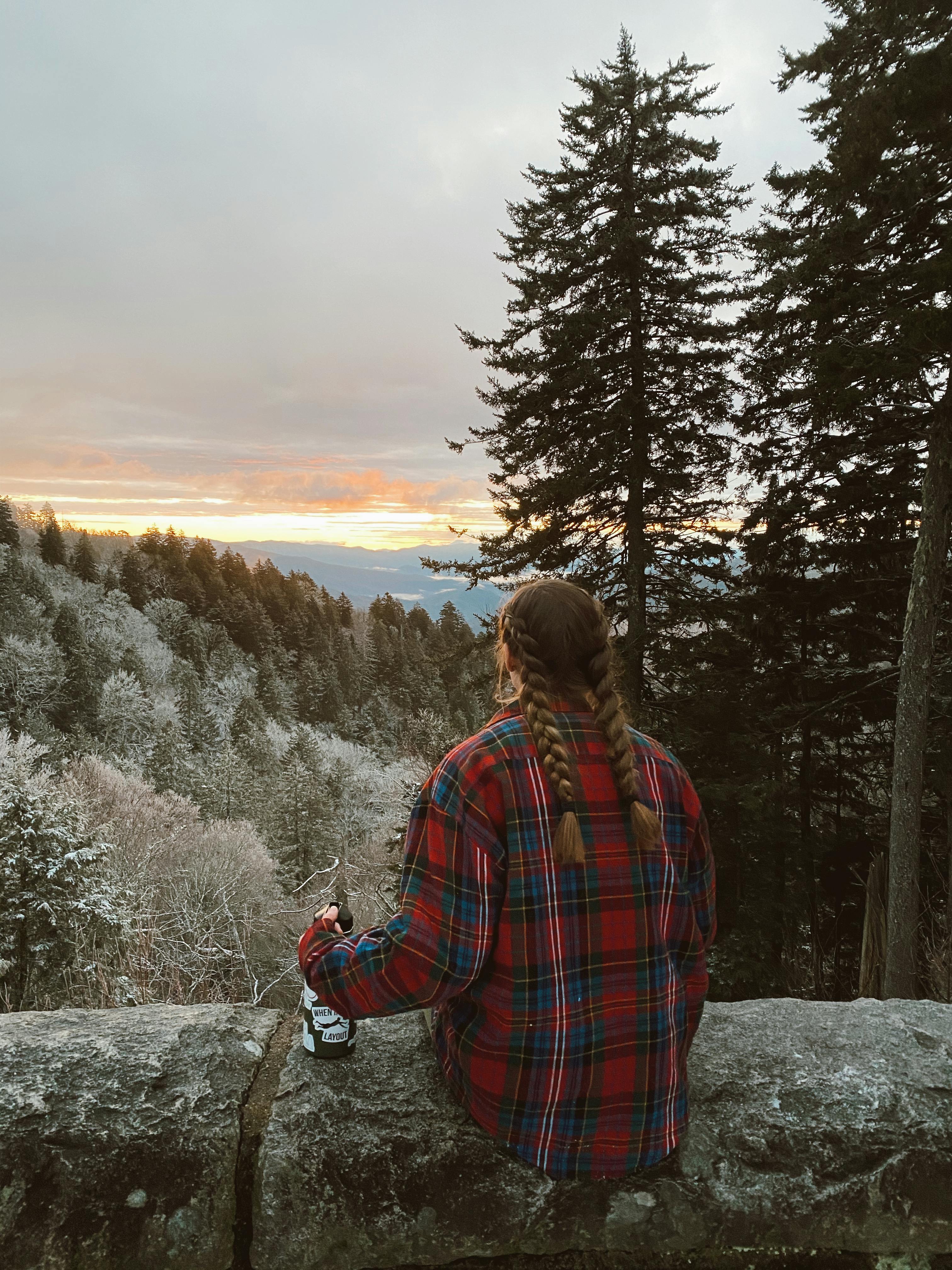 Woman in Red and Black Plaid Jacket Standing Near Green Trees during ...