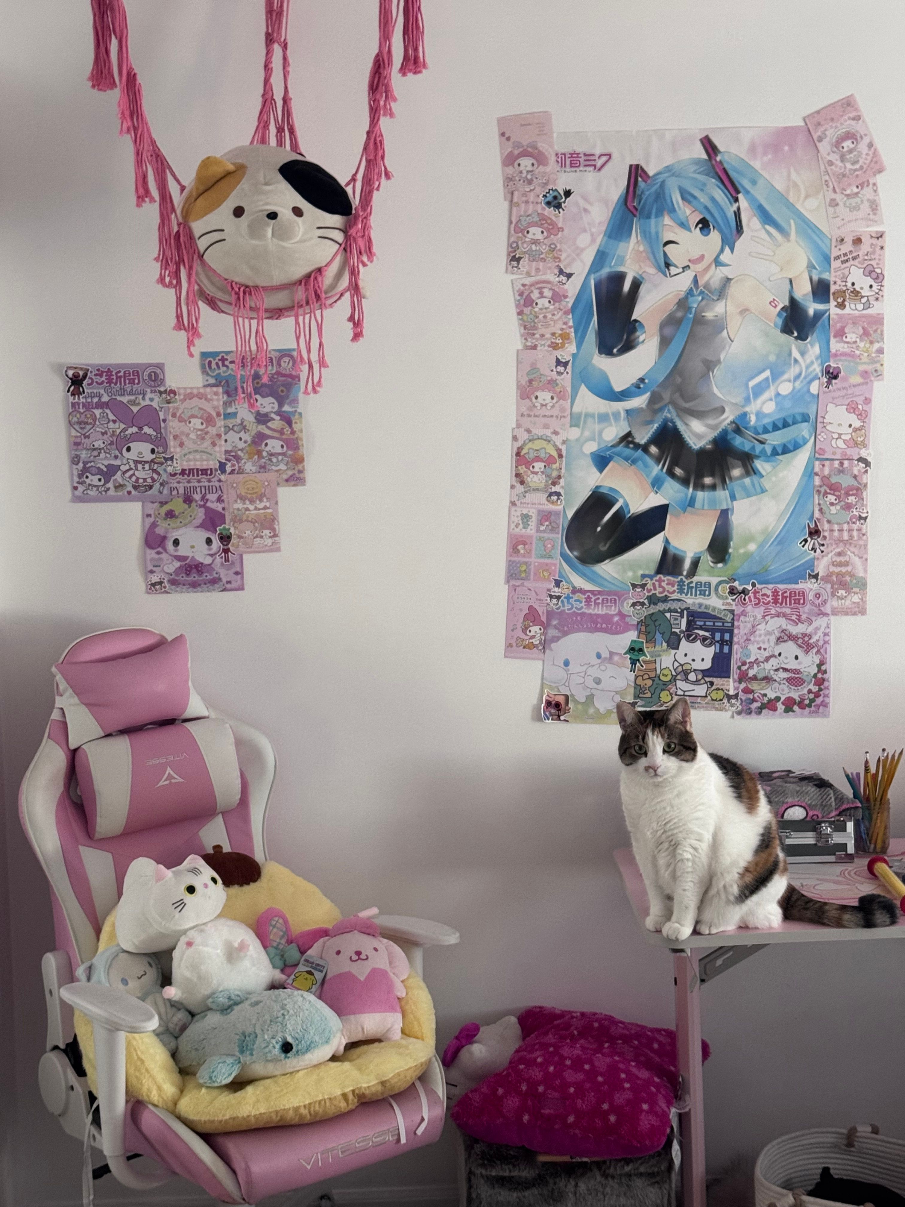 Cozy Anime Themed Room with Plush Toys and Cat · Free Stock Photo