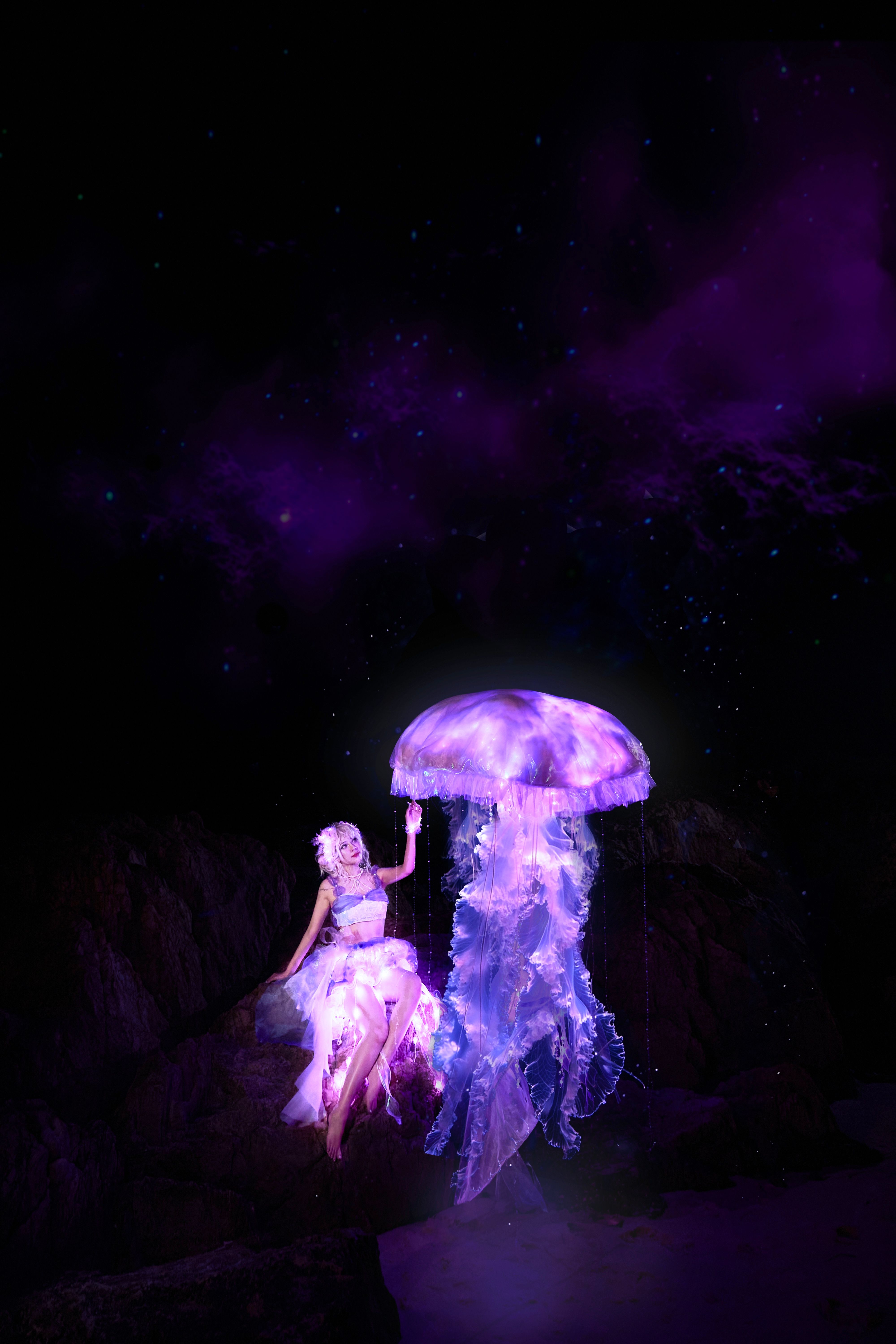 Fantasy Scene with Jellyfish and Woman in Purple Glow · Free Stock Photo