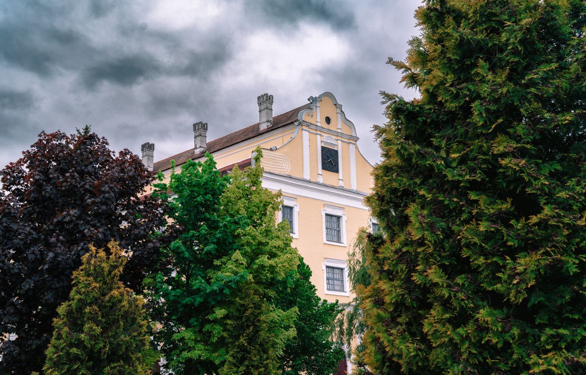 Historic Building Amidst Lush Trees Under Cloudy Sky · Free Stock Photo