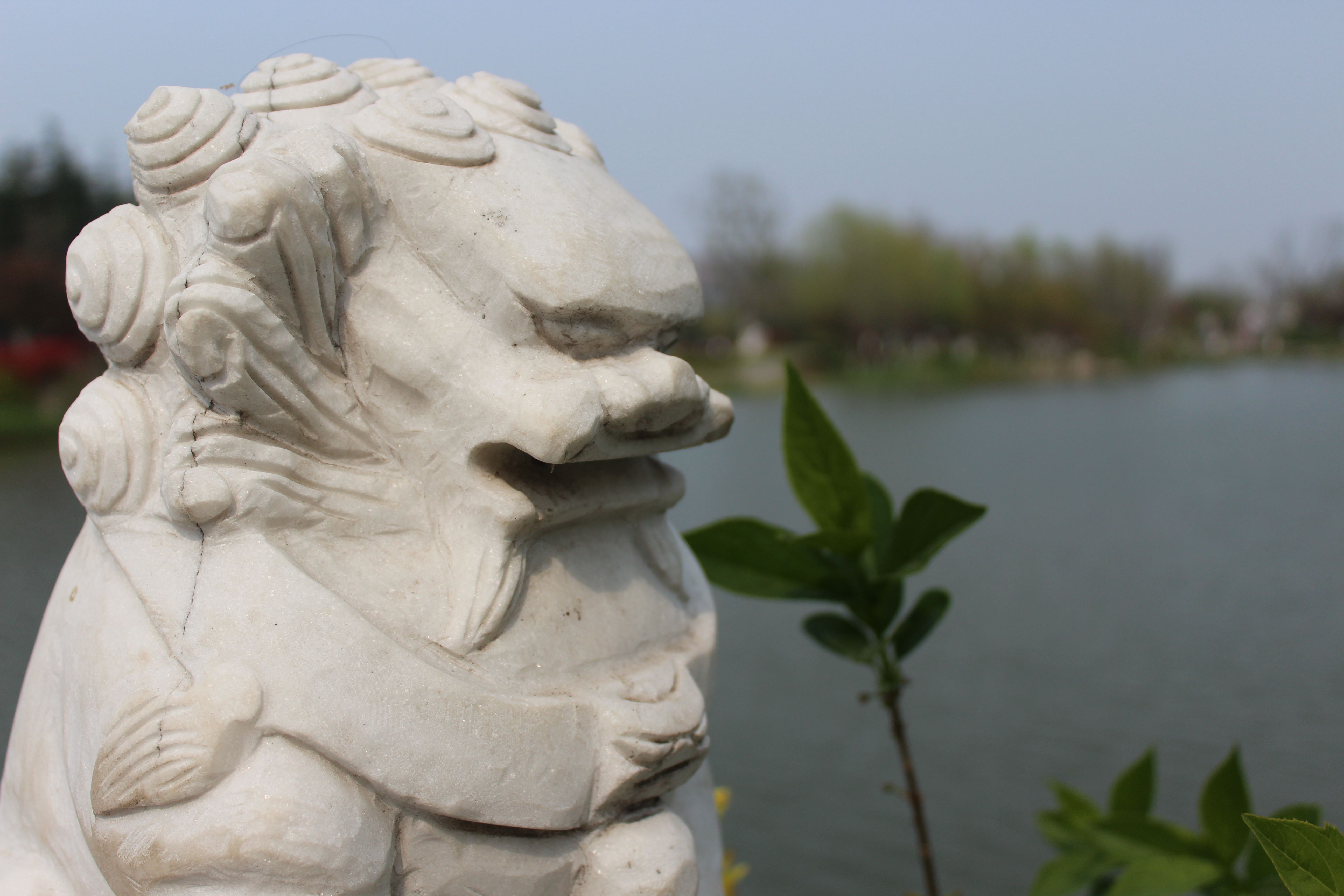 Old stone sculpture of lion near pond in countryside · Free Stock Photo