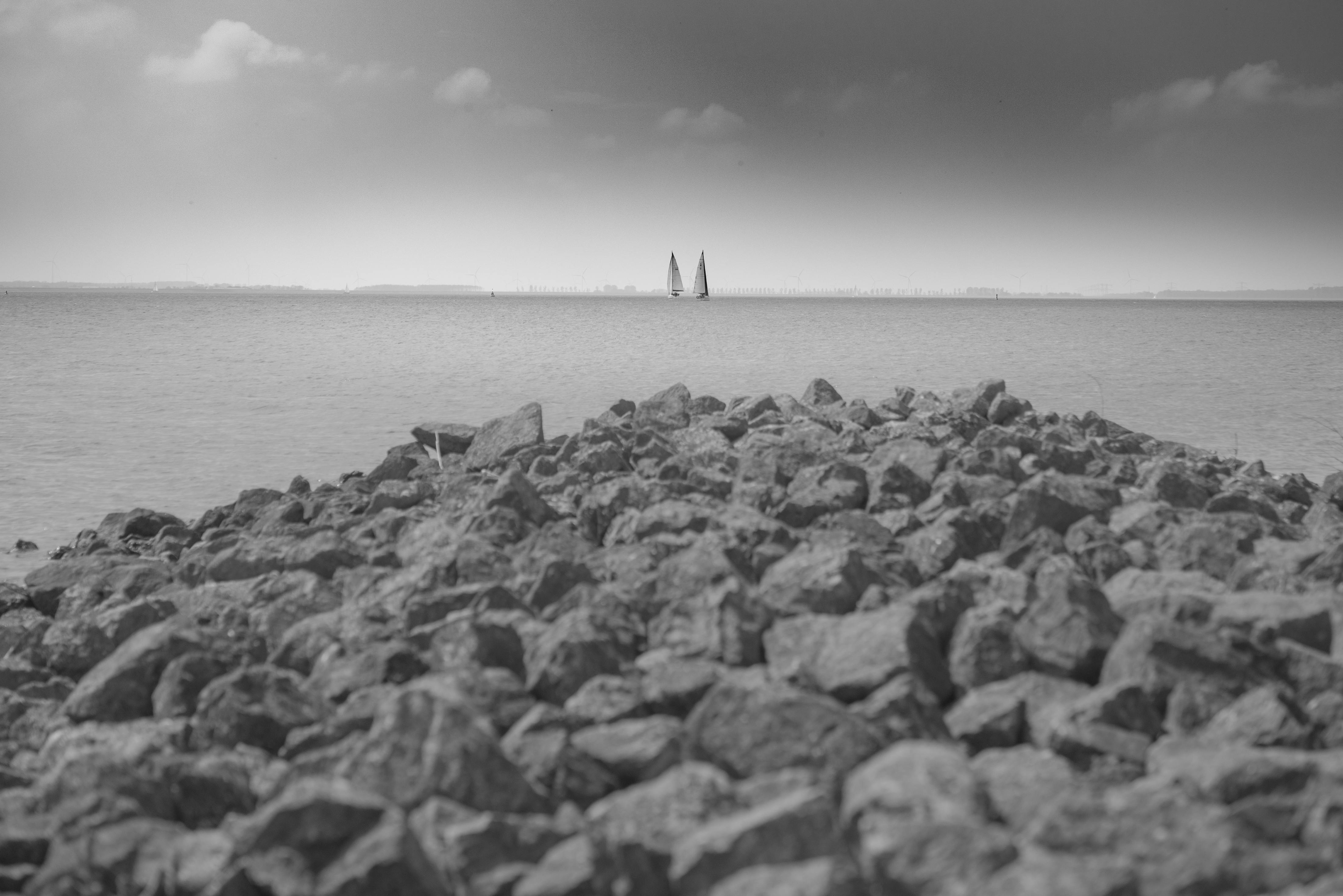 Grayscale Photo of Rocks Near Beach · Free Stock Photo