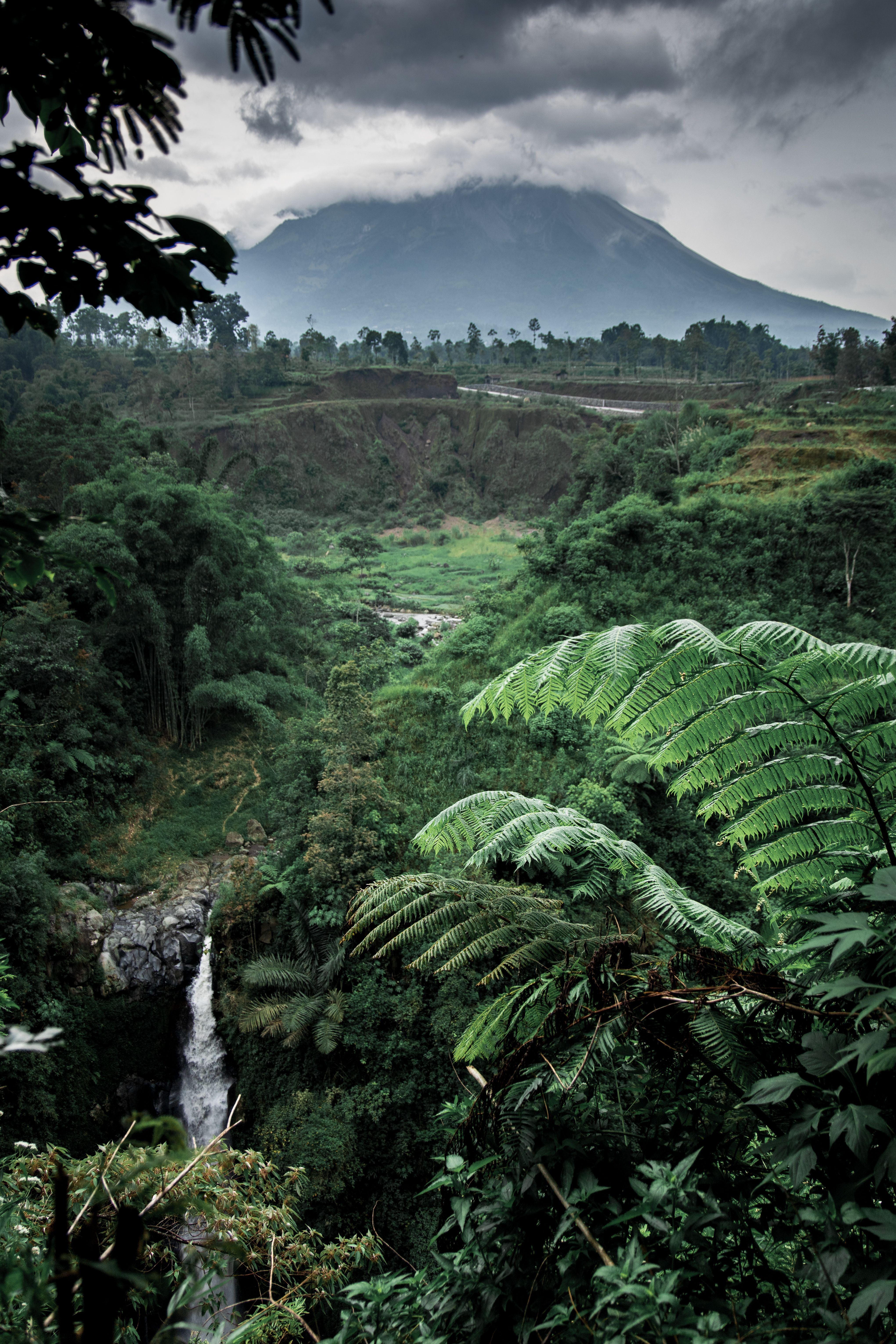 Green tropical valley with waterfall and mountain against cloudy sky ...