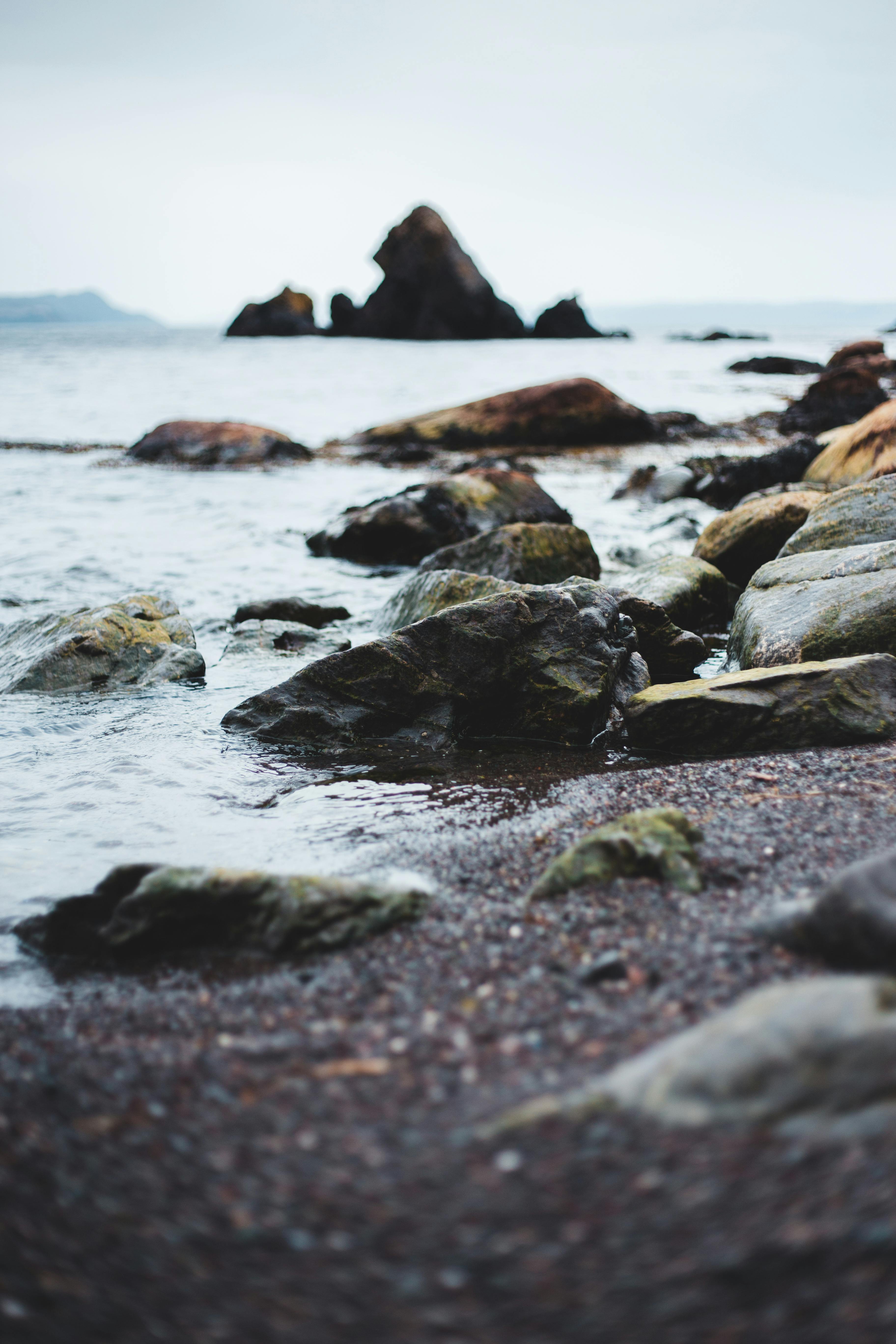 Peaceful rocky seashore in overcast day · Free Stock Photo