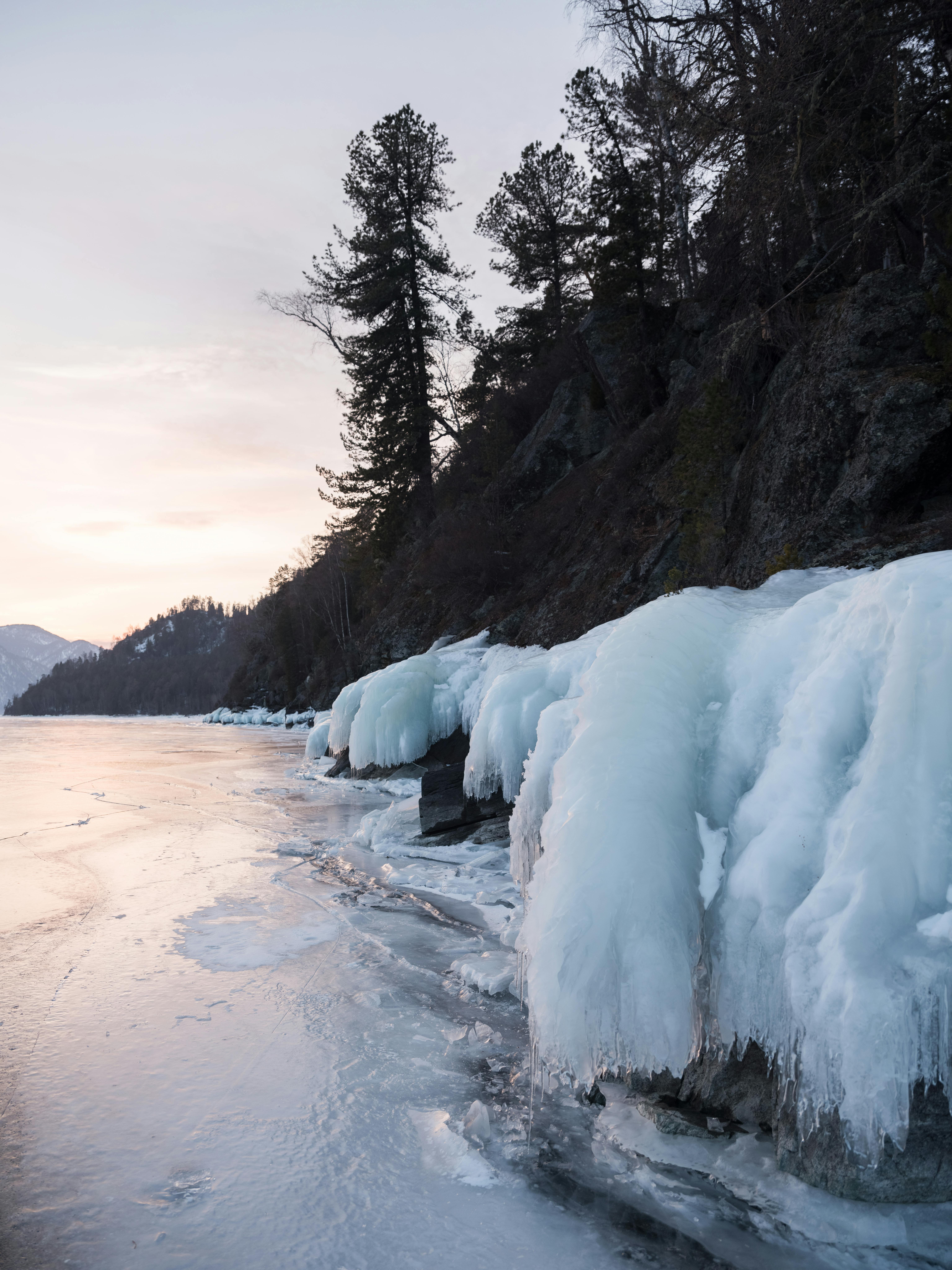 Icy lake with snow on hill near trees in wintertime · Free Stock Photo
