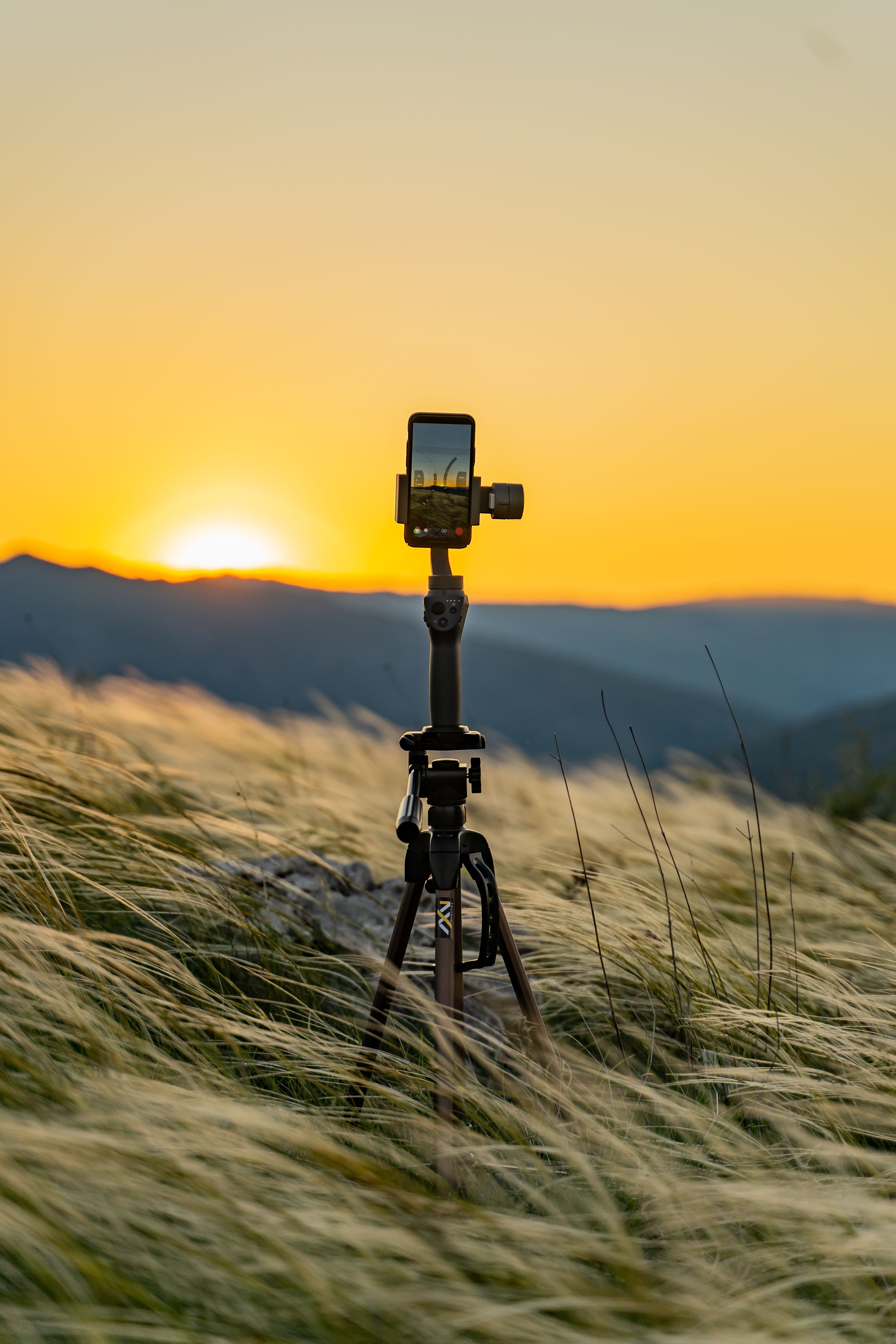 Tripod with smartphone on grass at colorful sunset · Free Stock Photo