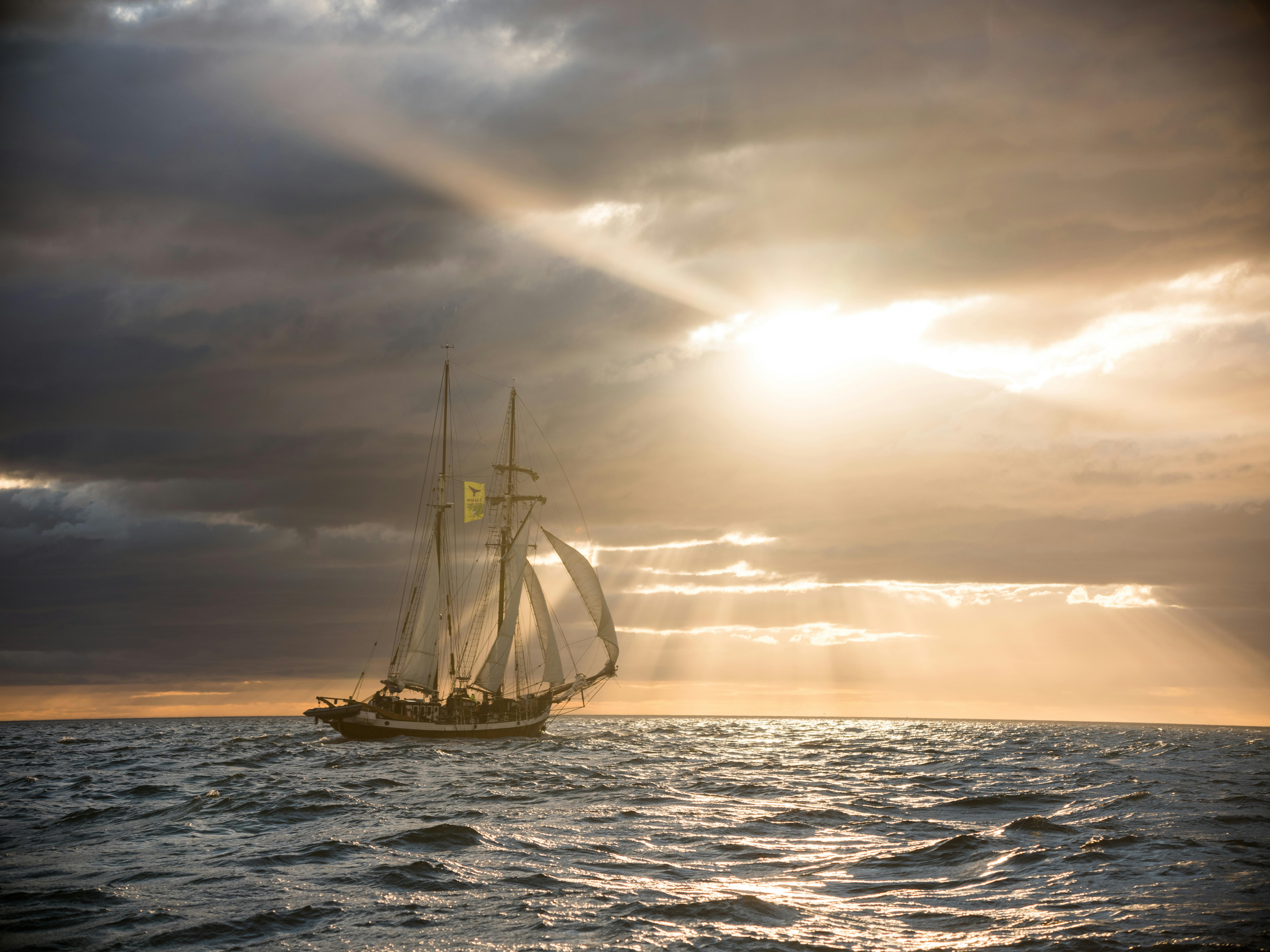 Ship sailing in ocean against cloudy sunset sky · Free Stock Photo