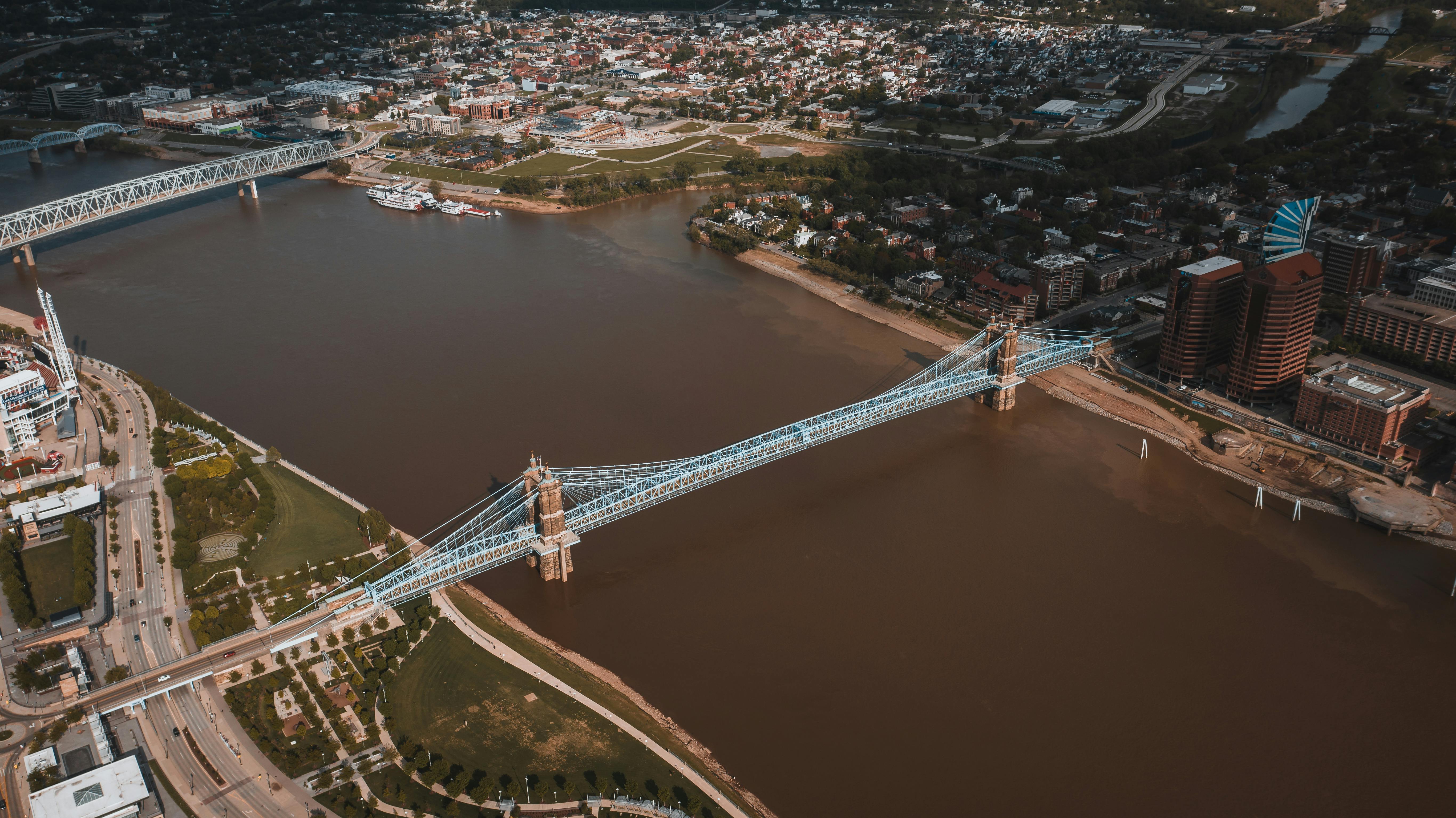 Drone view of bridge and city · Free Stock Photo