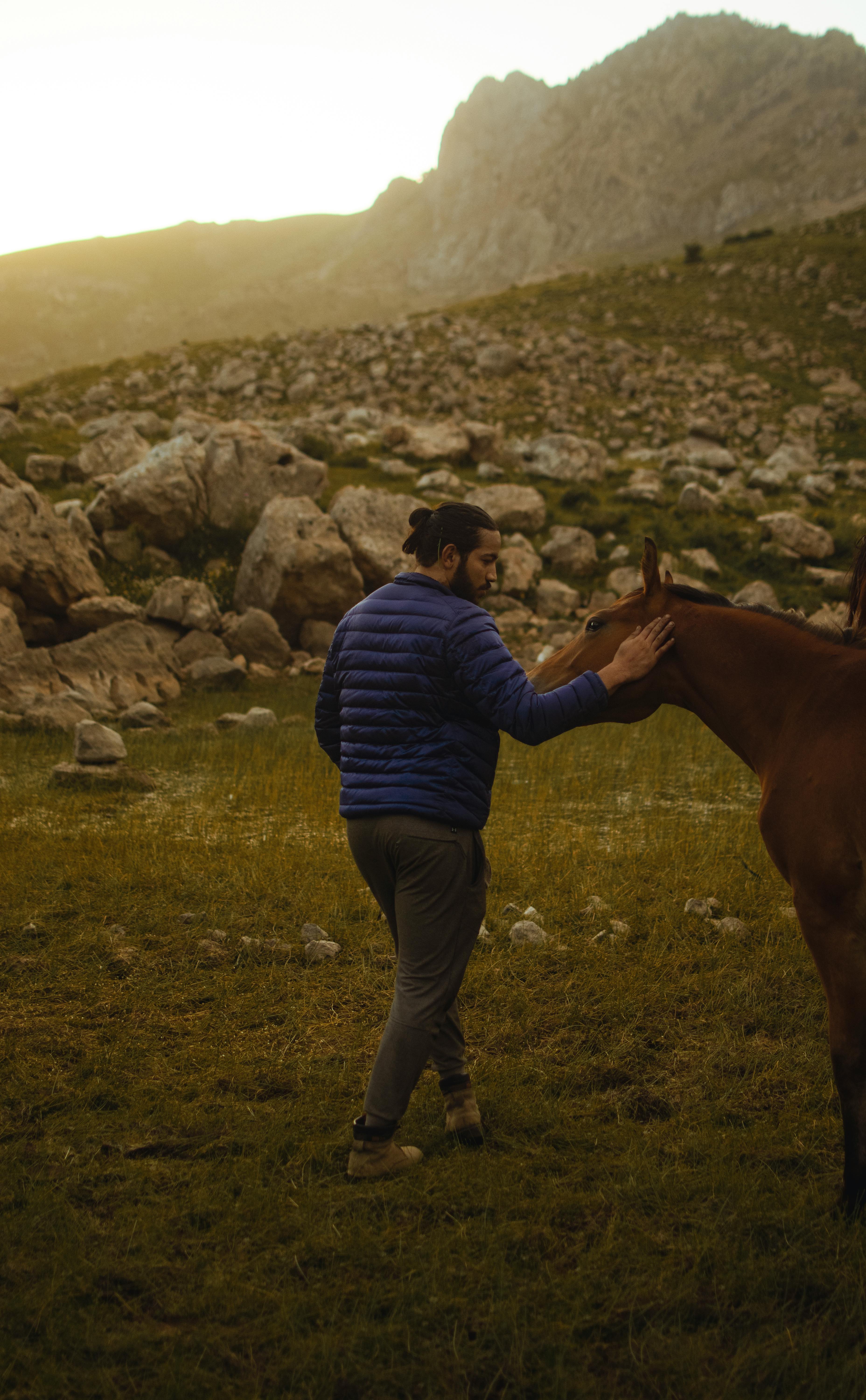 Man Wearing Blue Jacket Standing Beside Brown Horse · Free Stock Photo Man Wearing Blue Jacket Standing Beside Brown Horse · Free Stock Photo