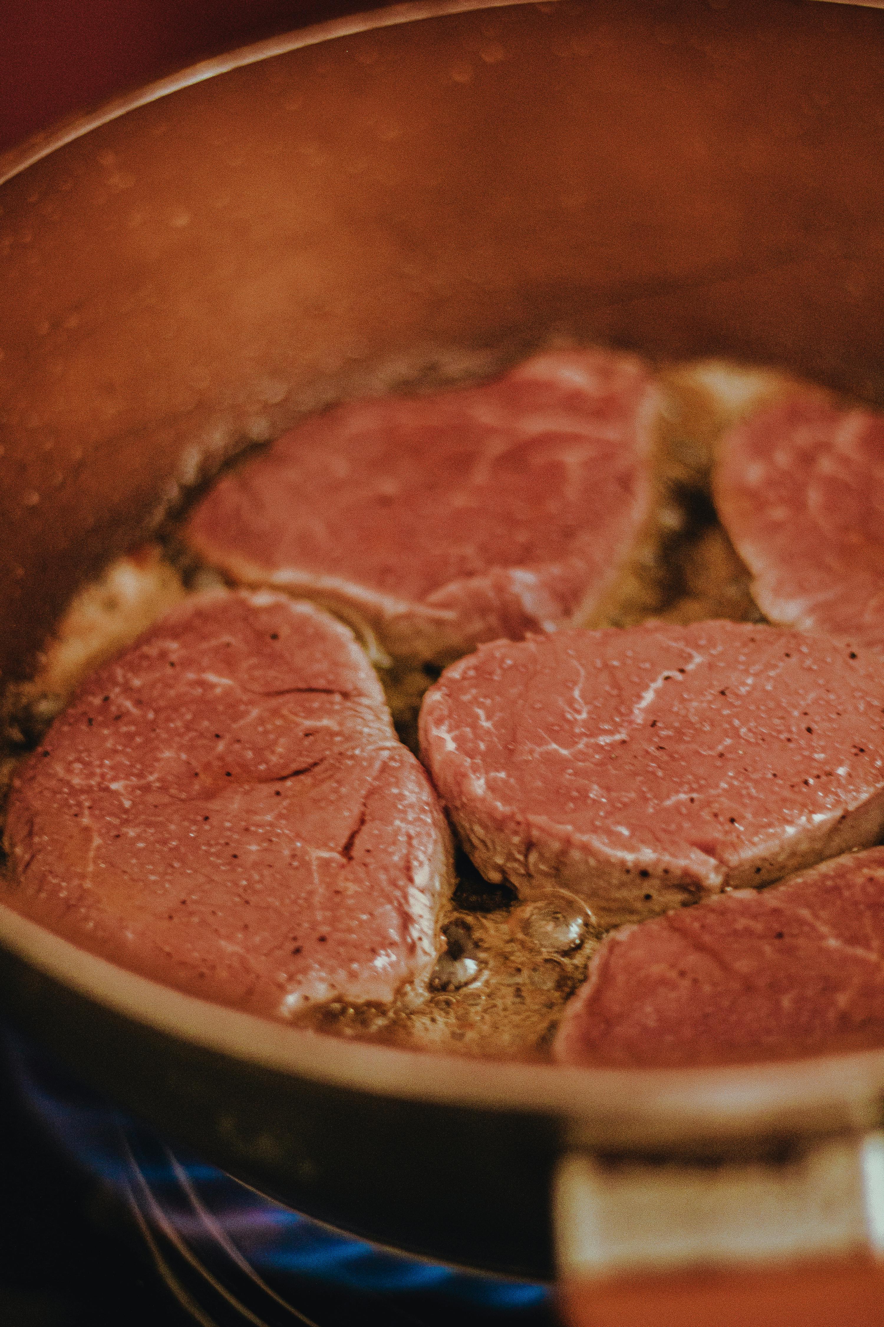Close-Up Photo of Meat Cooking in Frying Pan · Free Stock Photo
