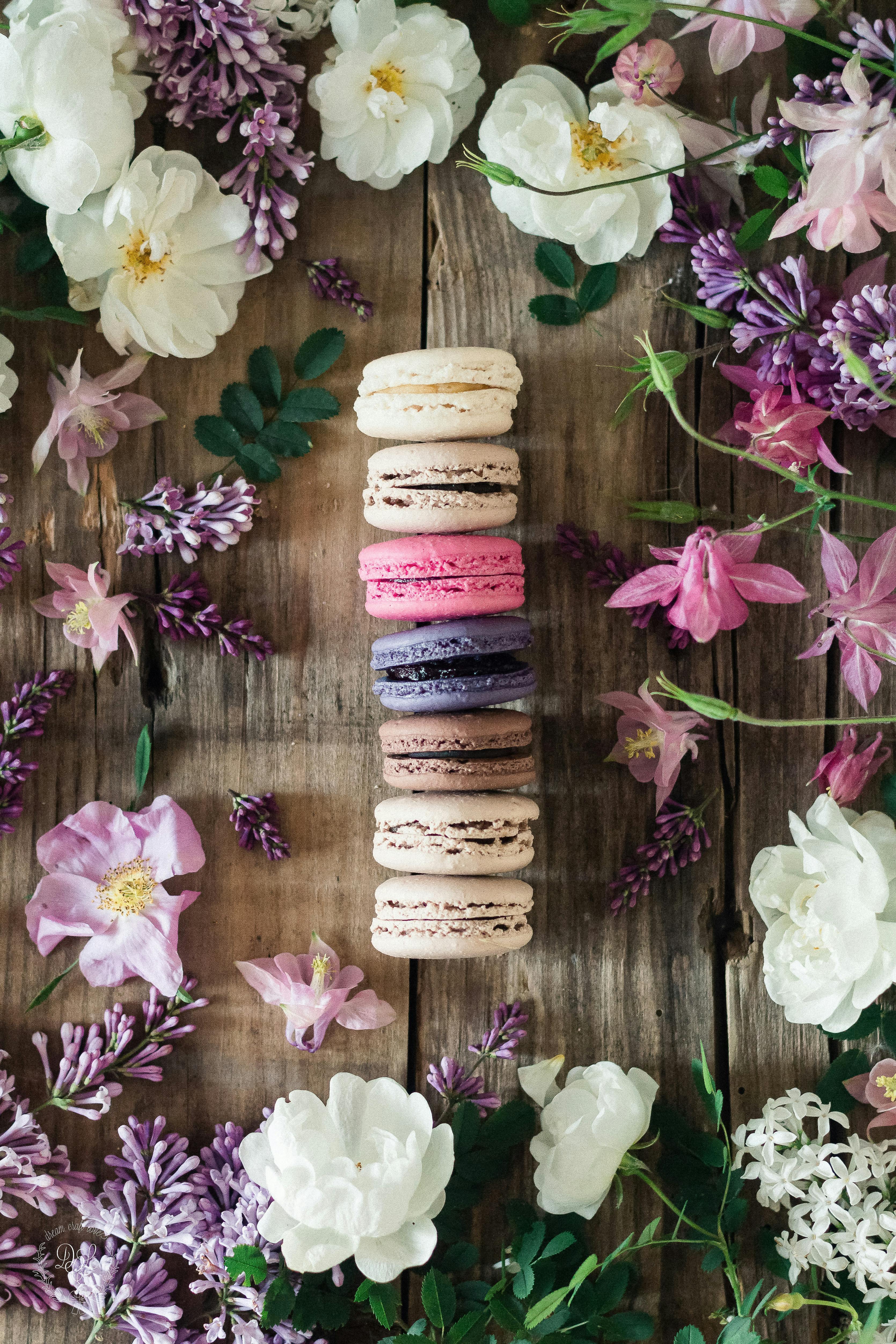 Colorful macarons placed on wooden table with flowers · Free Stock Photo