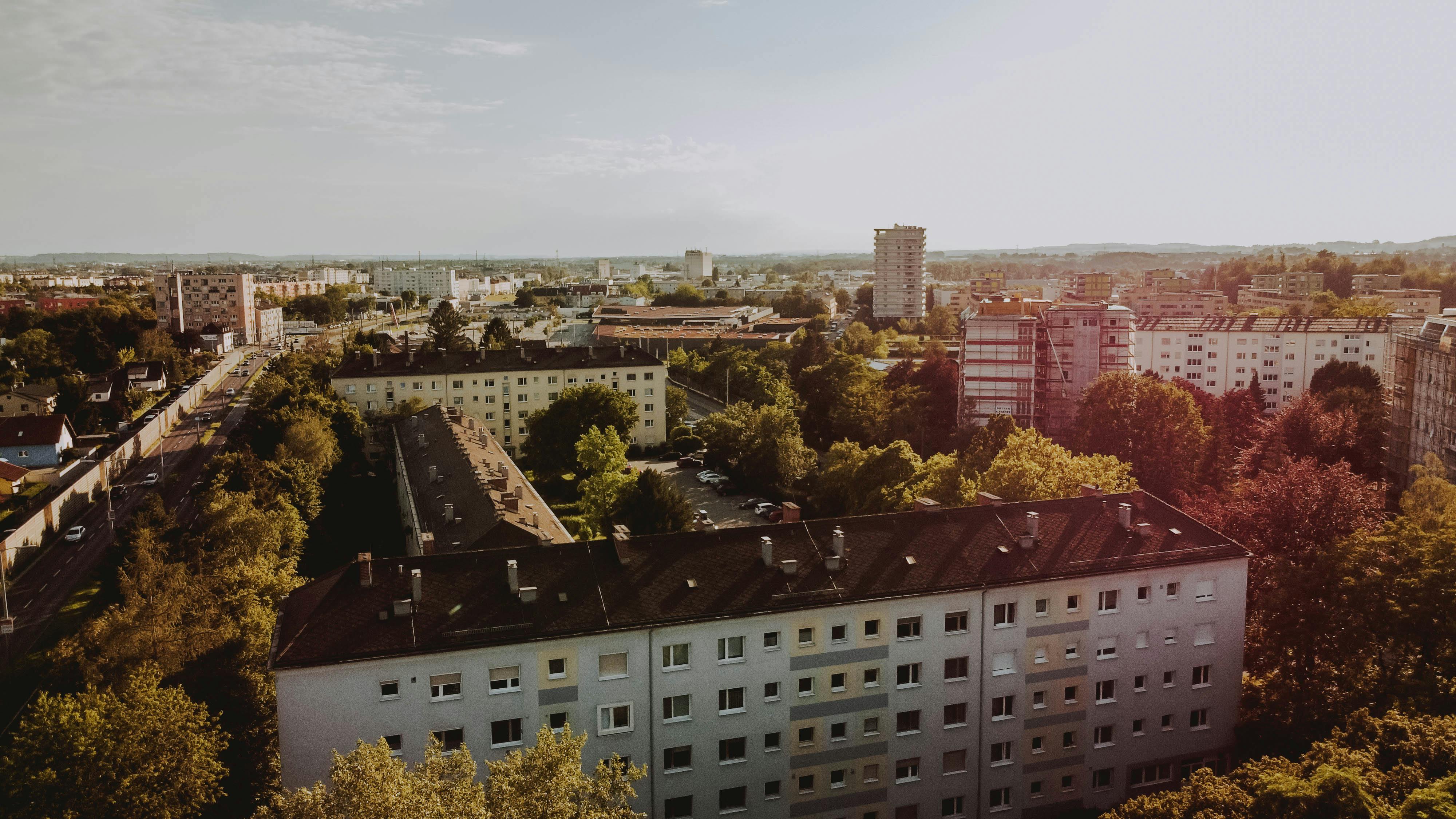 Old tall buildings rounded with lush greenery · Free Stock Photo