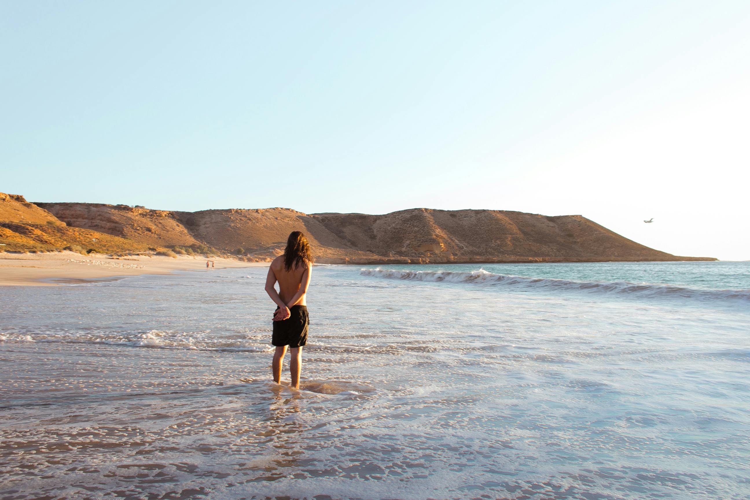 Stylish man model standing on sandy coast near sea · Free Stock Photo