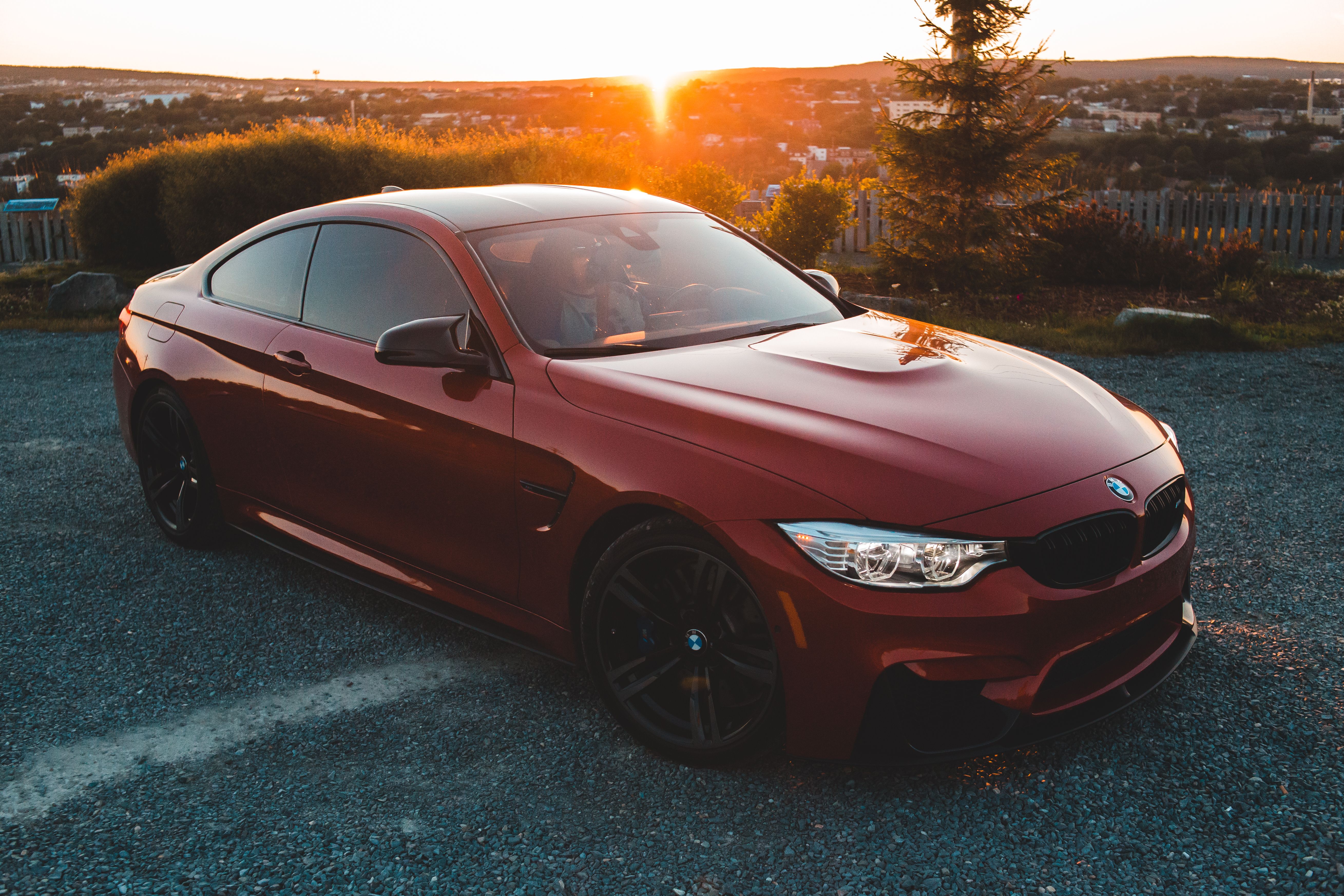 Luxury red car on concrete ground near trees · Free Stock Photo
