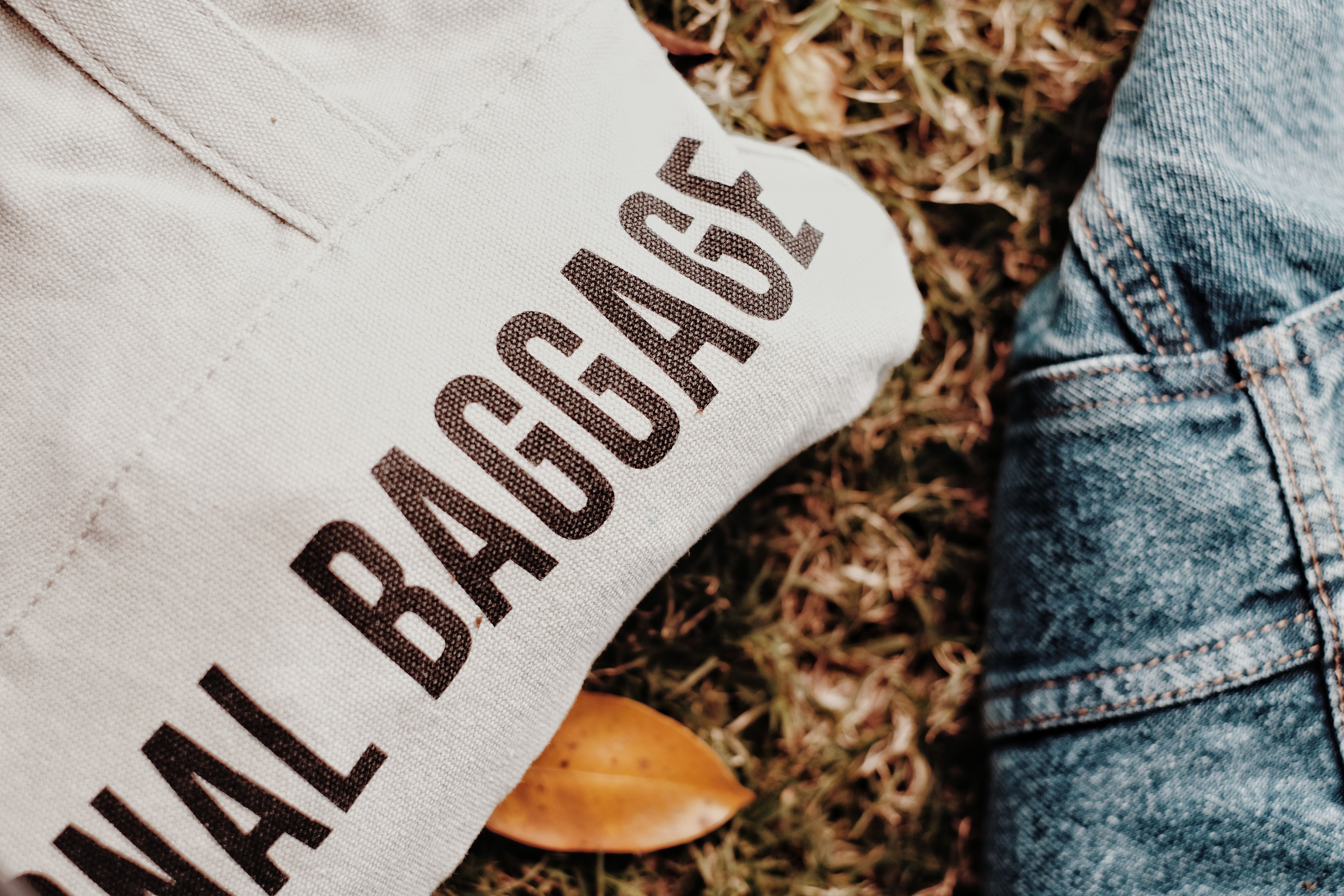 Shopping Bag with Printed 'Baggage' Text Beside Denim Jacket on Grass ...