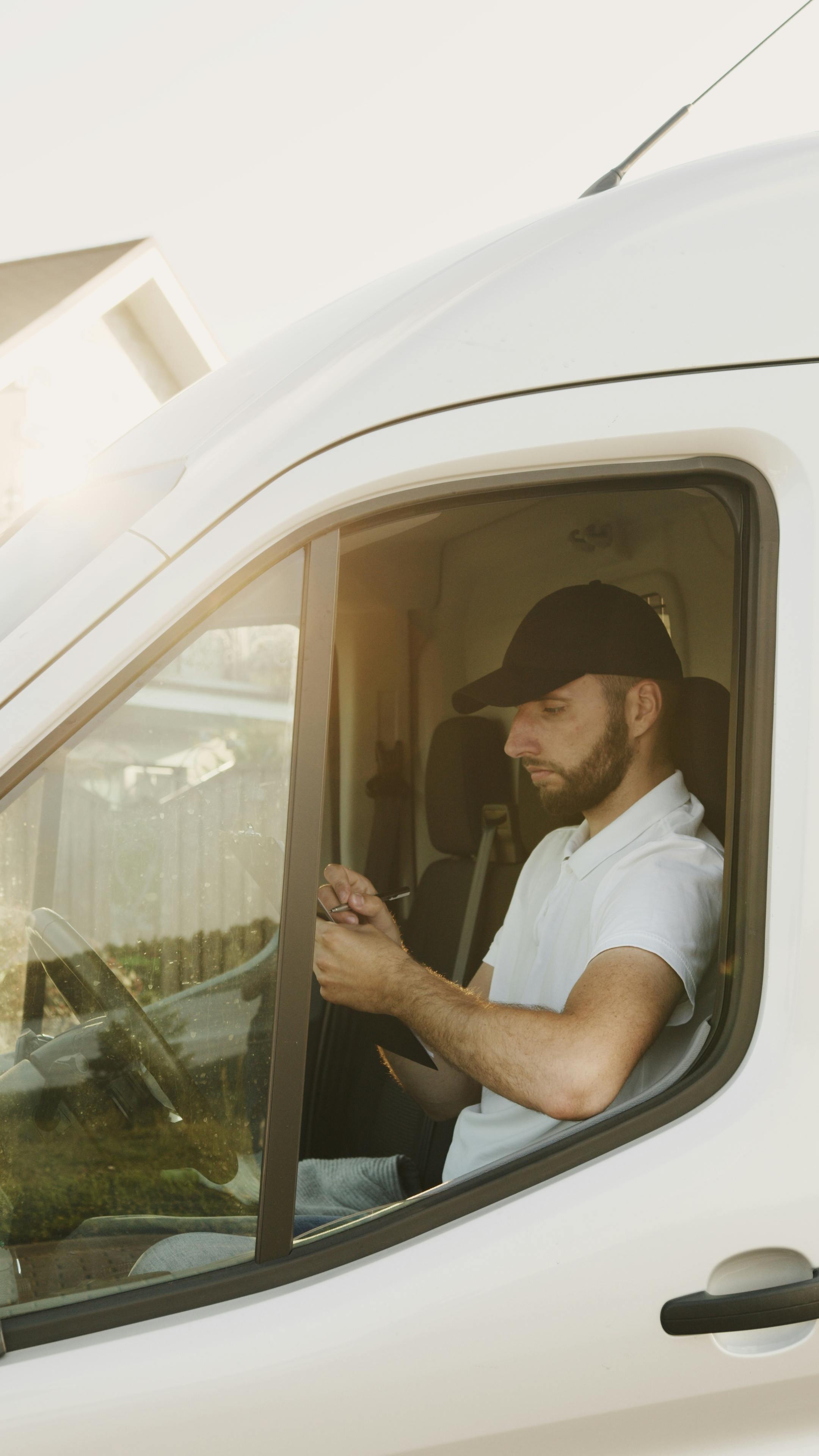 A Man Sitting in the Driver Sear of a Van Holding a Cardboard Box ...