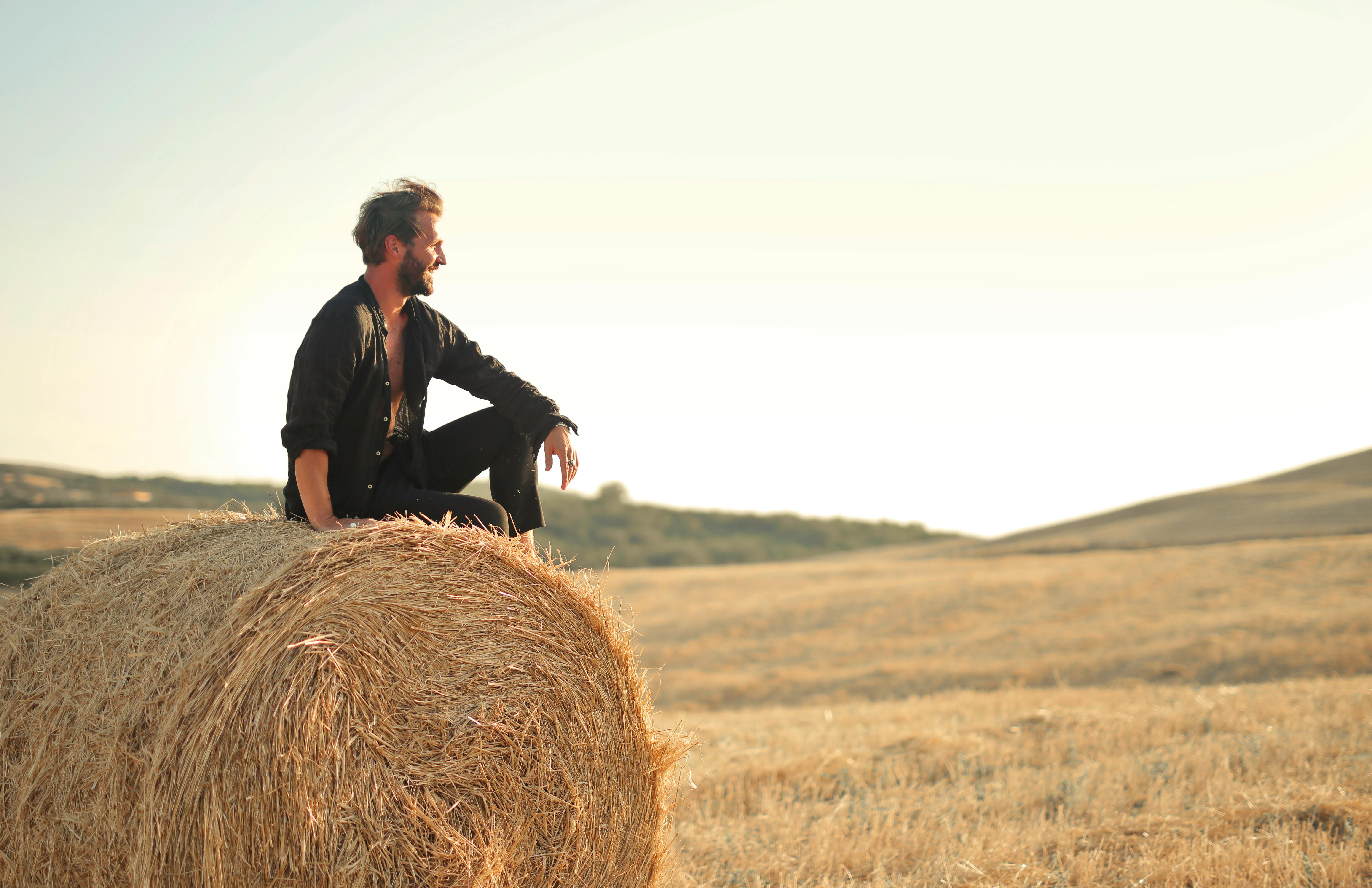 Smiling Man Sitting on Hay Bale in Field · Free Stock Photo