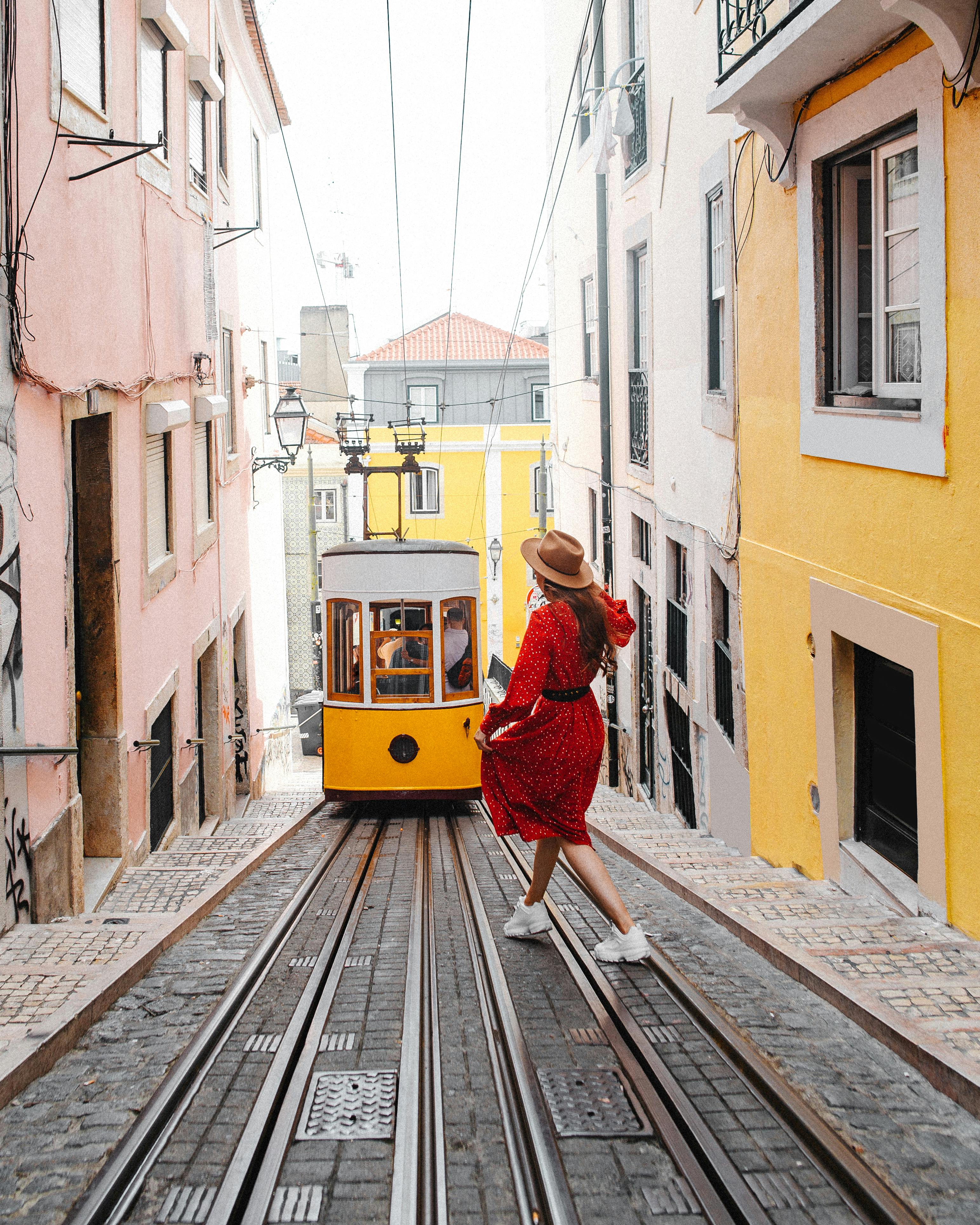 Woman in Polka Dot Dress and Hat in front of Retro Cable Car · Free ...