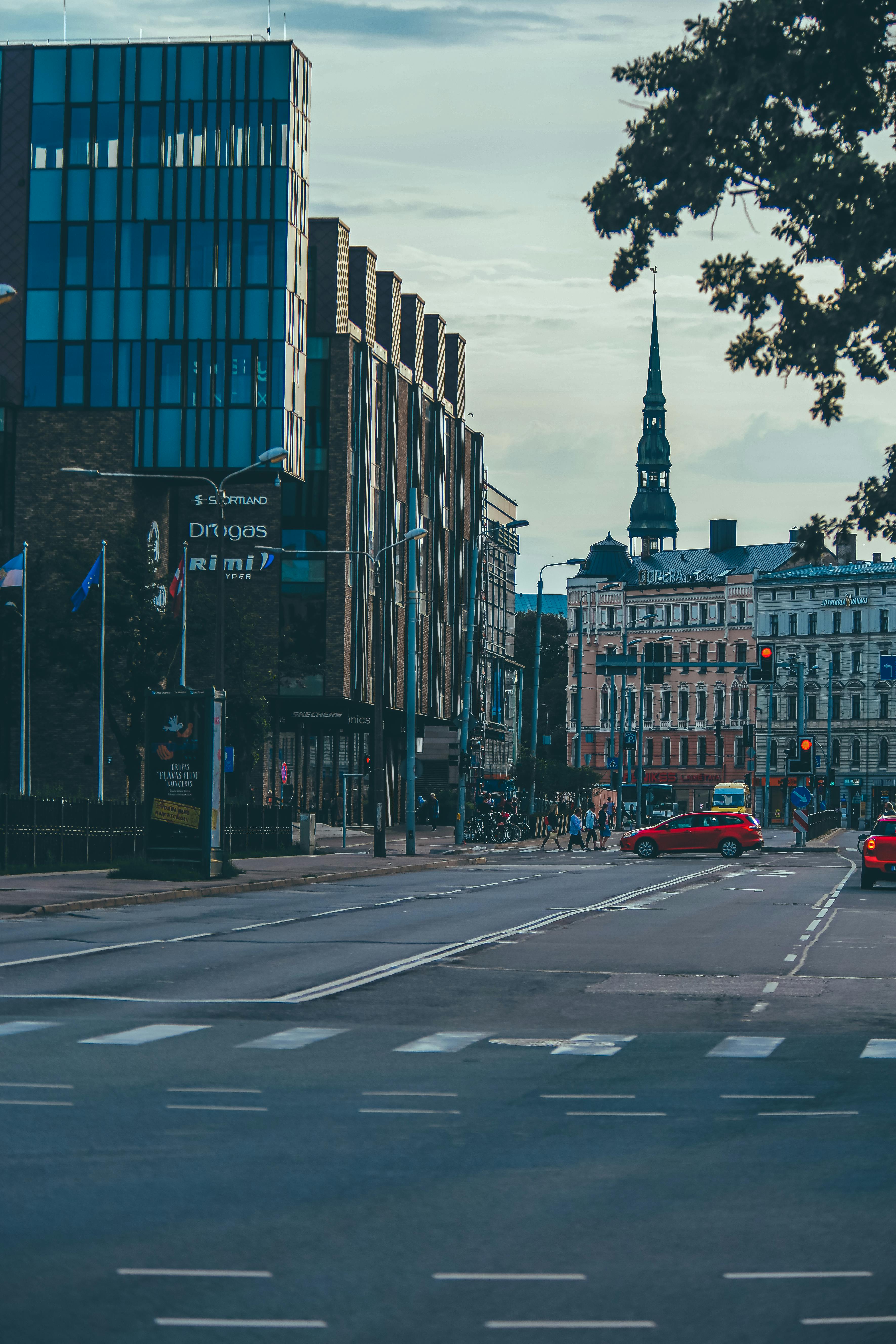 Architecture of city street with modern towers and shabby buildings ...