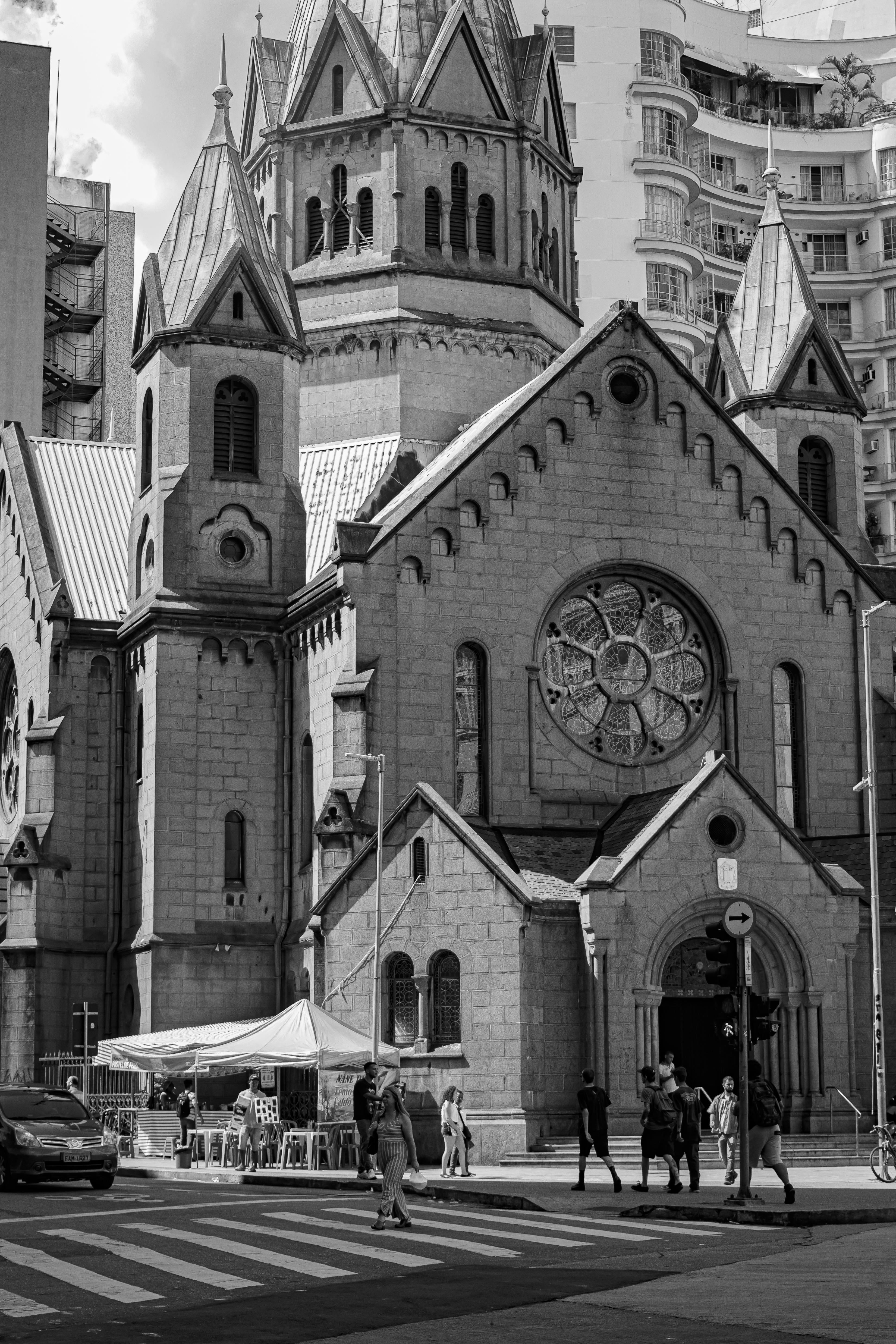 Exterior of historical Catholic cathedral located on city street on ...