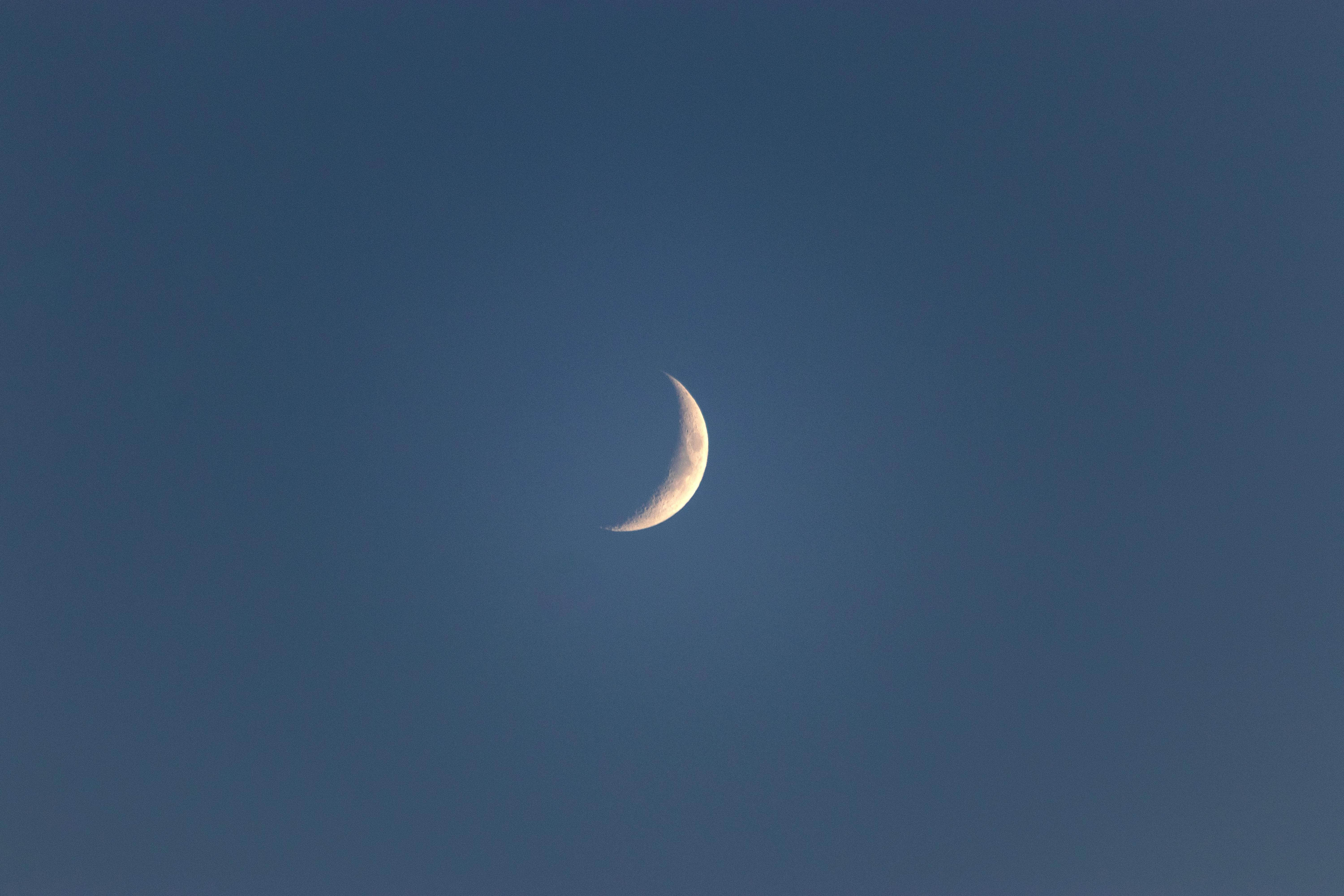 Thin crescent in bright blue night sky · Free Stock Photo