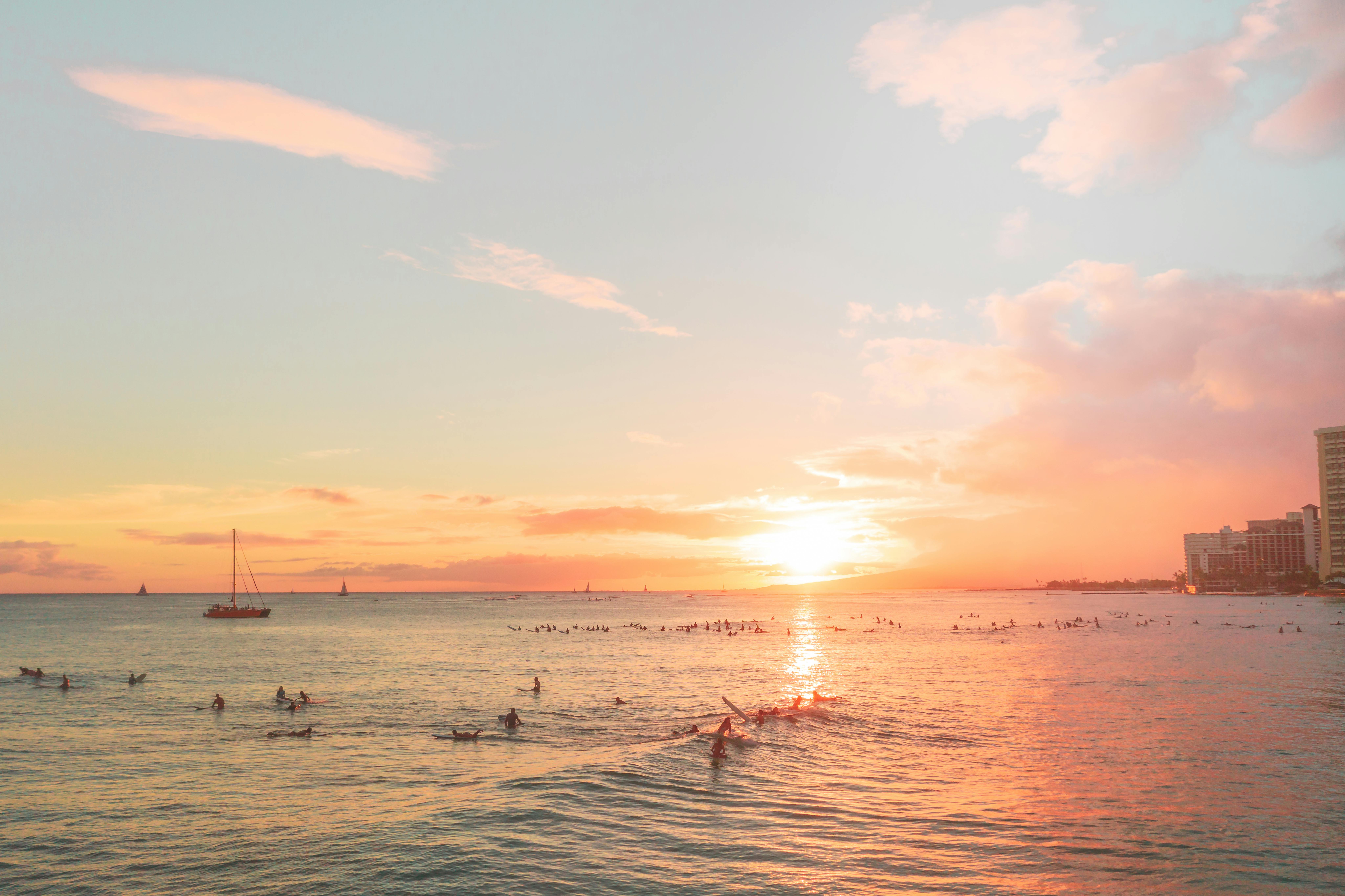 People Swimming in Evening Ocean on Sunset · Free Stock Photo