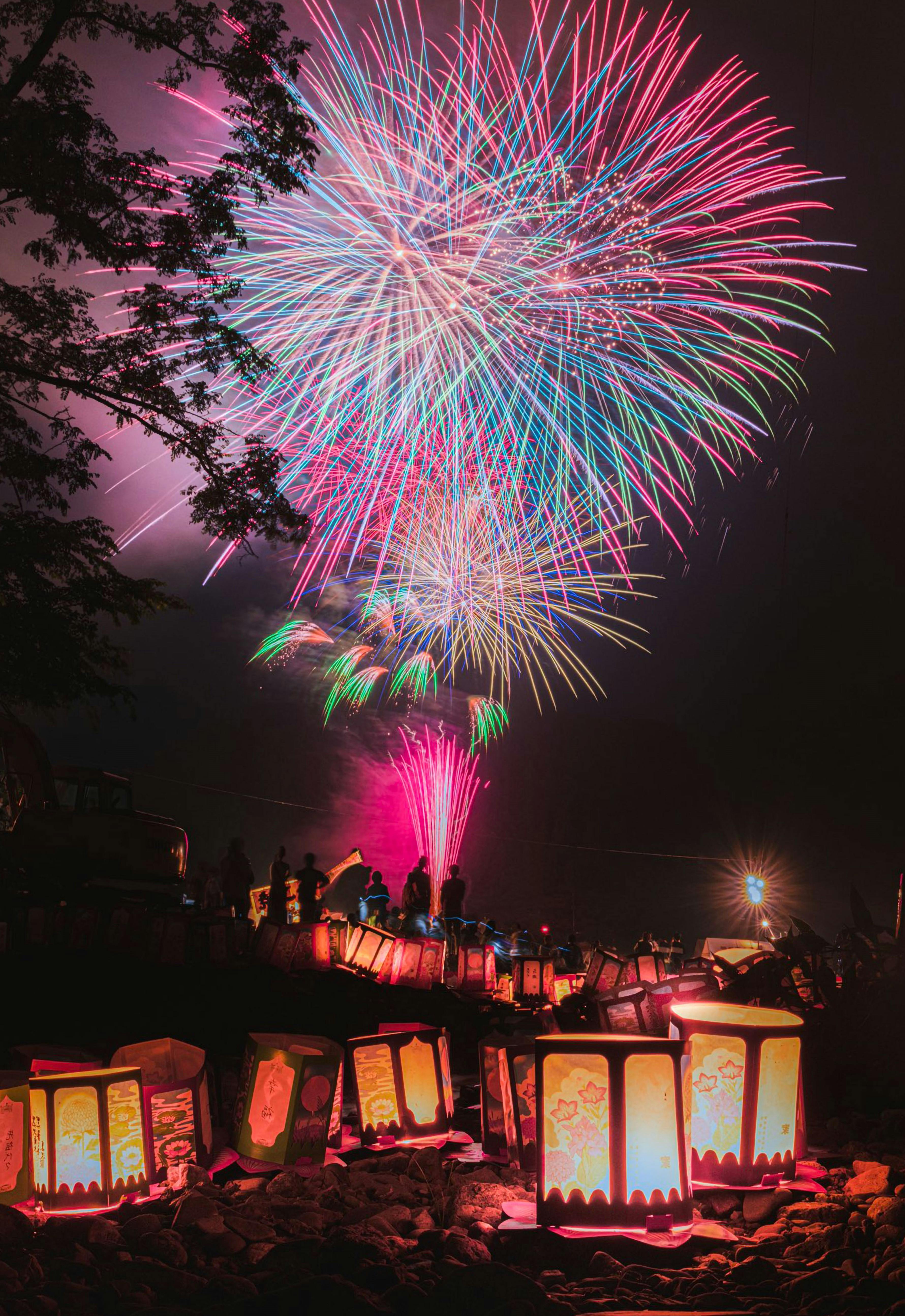 Vibrant fireworks and bright lanterns in park · Free Stock Photo