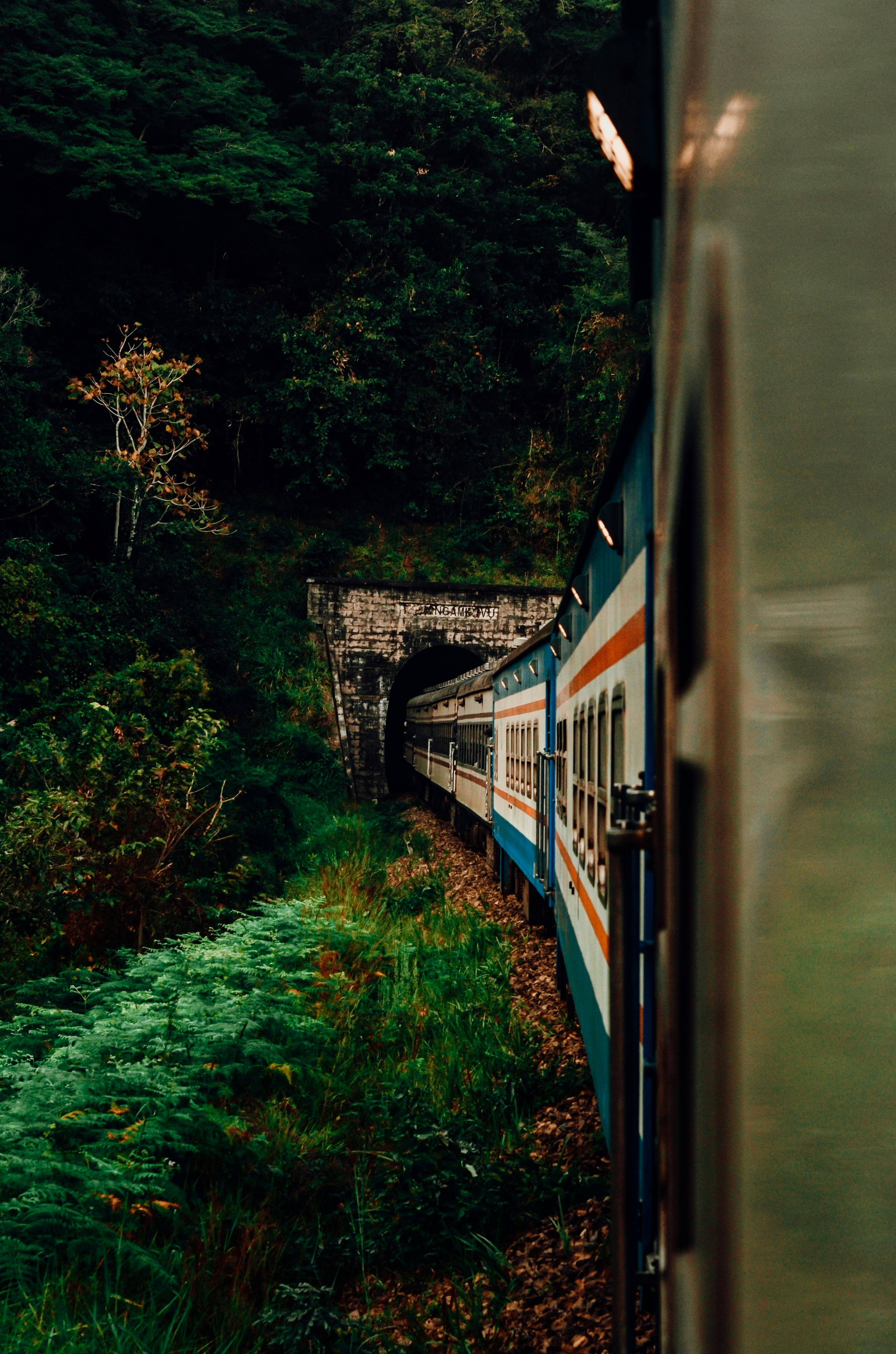Contemporary bright train driving on railroad in suburb · Free Stock Photo