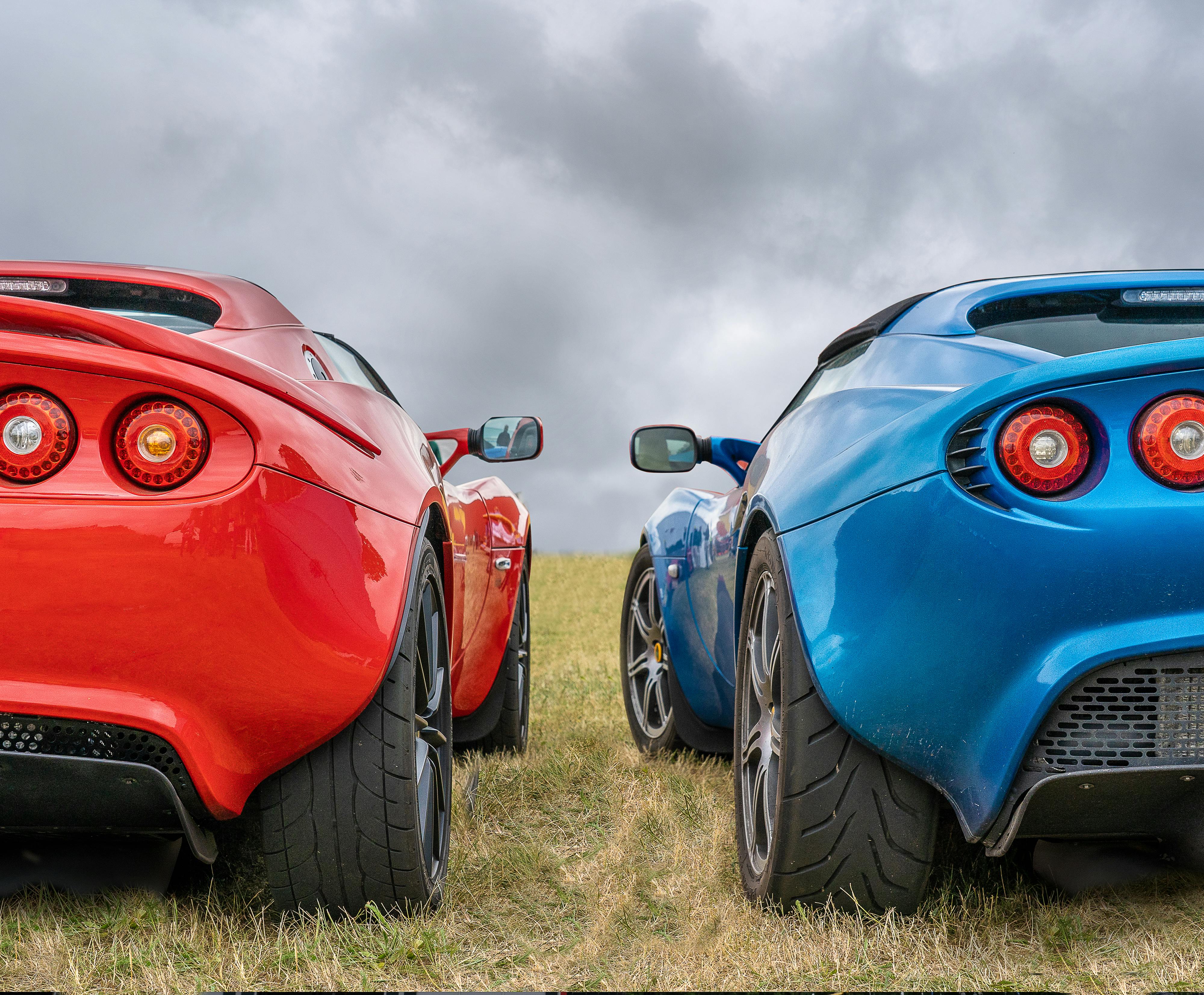 Blue and Red Cars on Green Grass Field Under Gray Cloudy Sky · Free ...