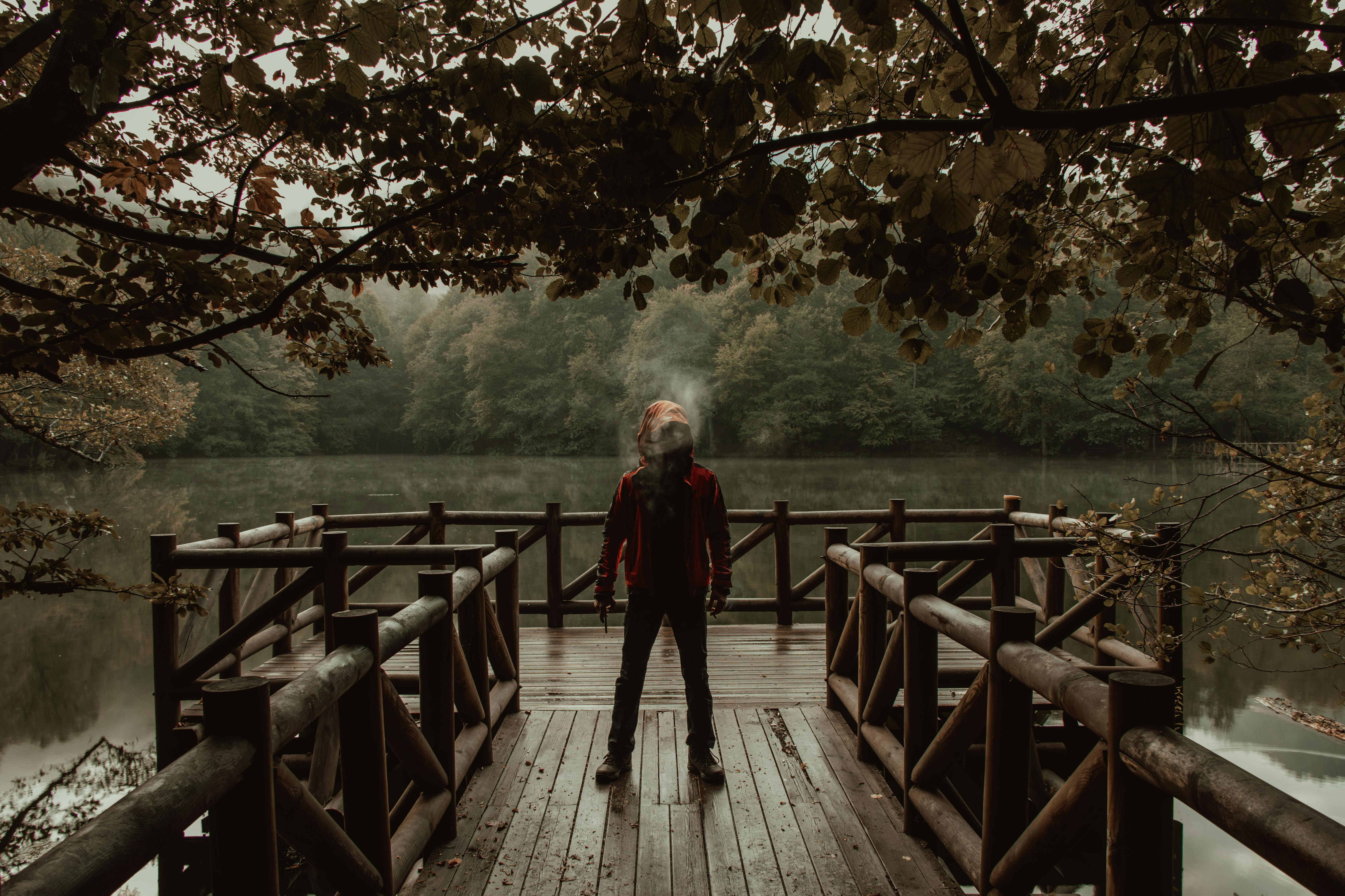 Person in Red Standing on Wooden Bridge · Free Stock Photo