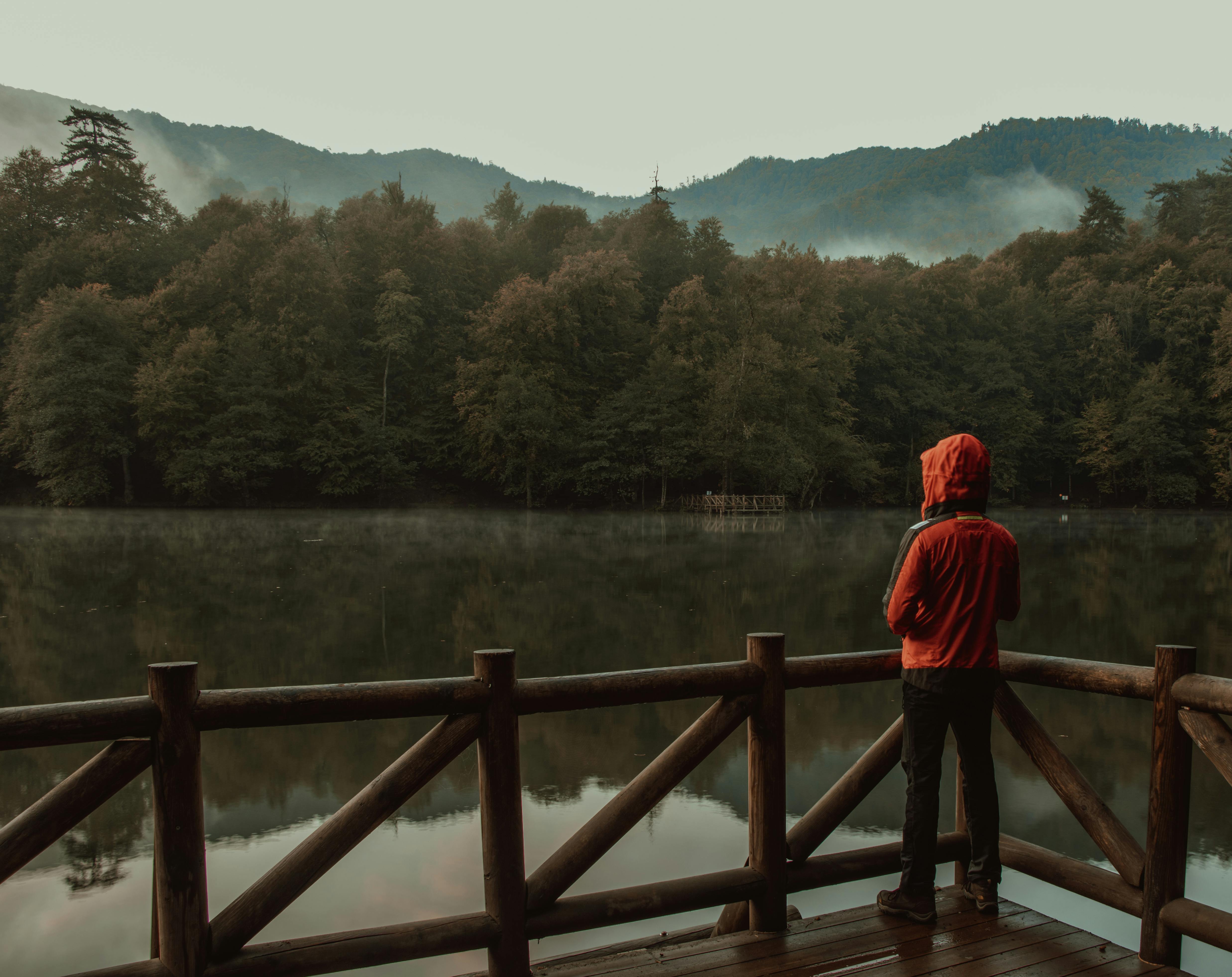 Person Looking Afar in Red Hoodie Jacket Standing on a Wooden Dock ...