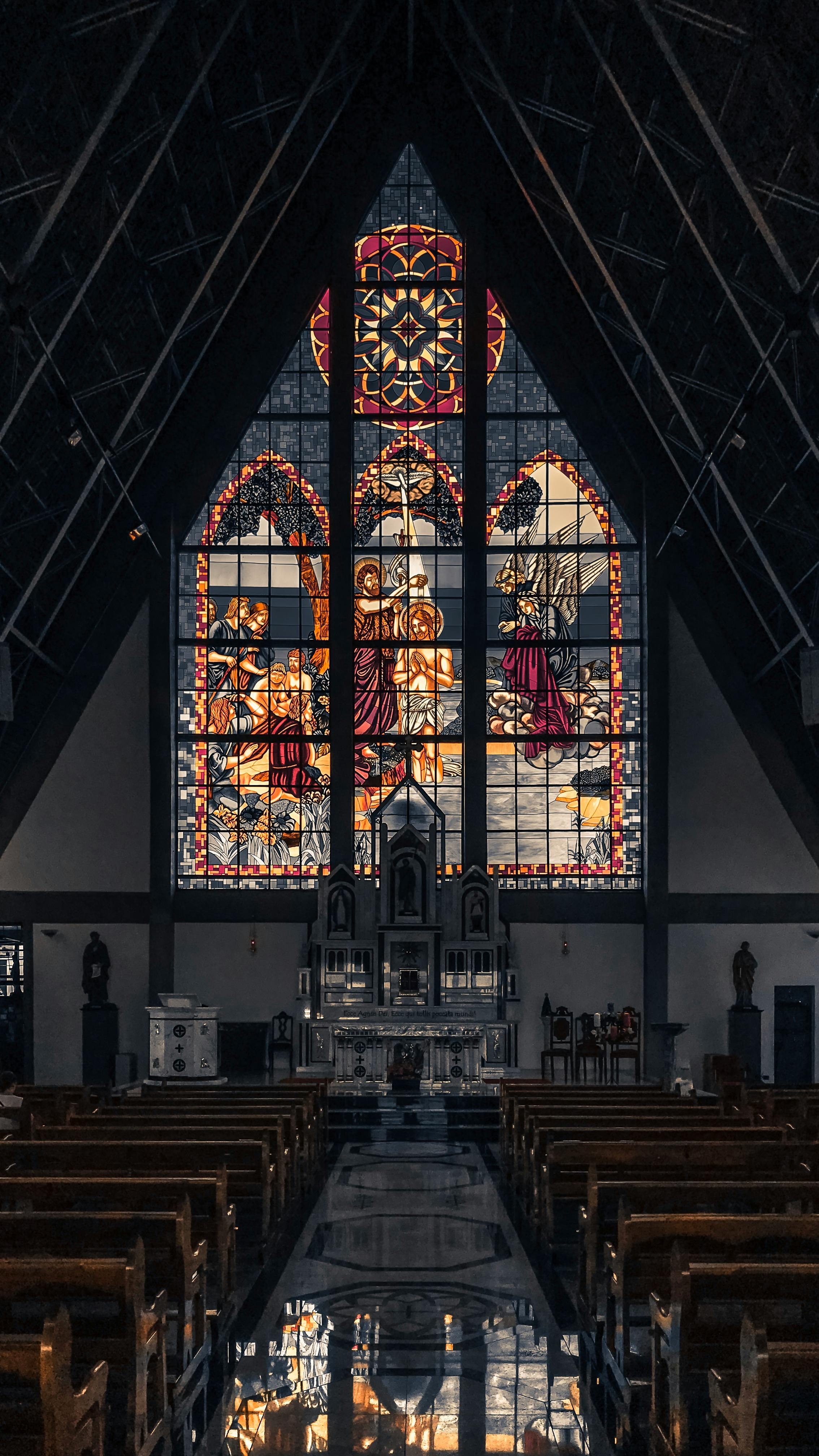 Interior of cathedral with stained glass · Free Stock Photo