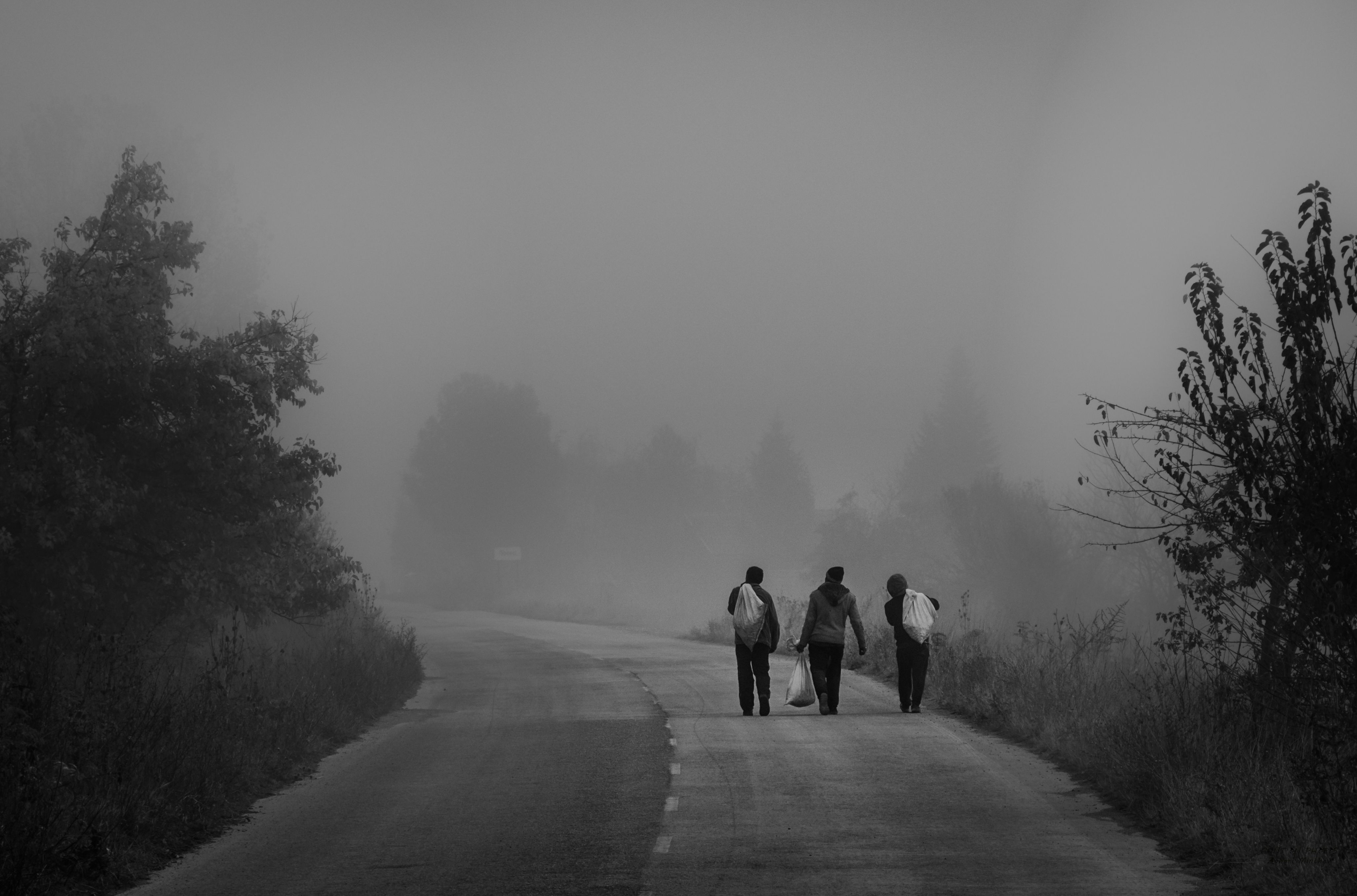 Monochrome Photo of a Woman with a Backpack Walking · Free Stock Photo